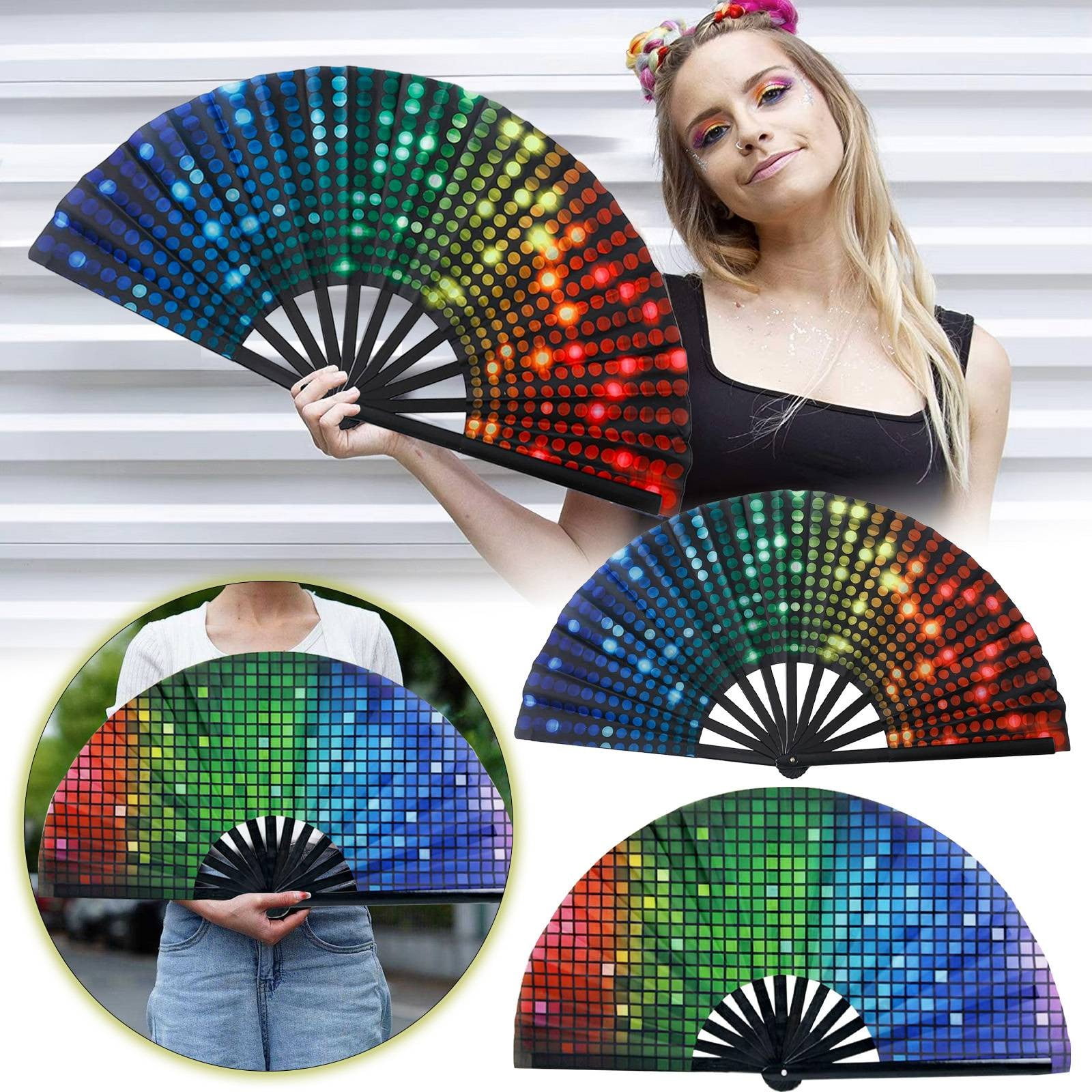 Large Folding Hand Fan for Women Men, Rave Big Foldable Bamboo ...