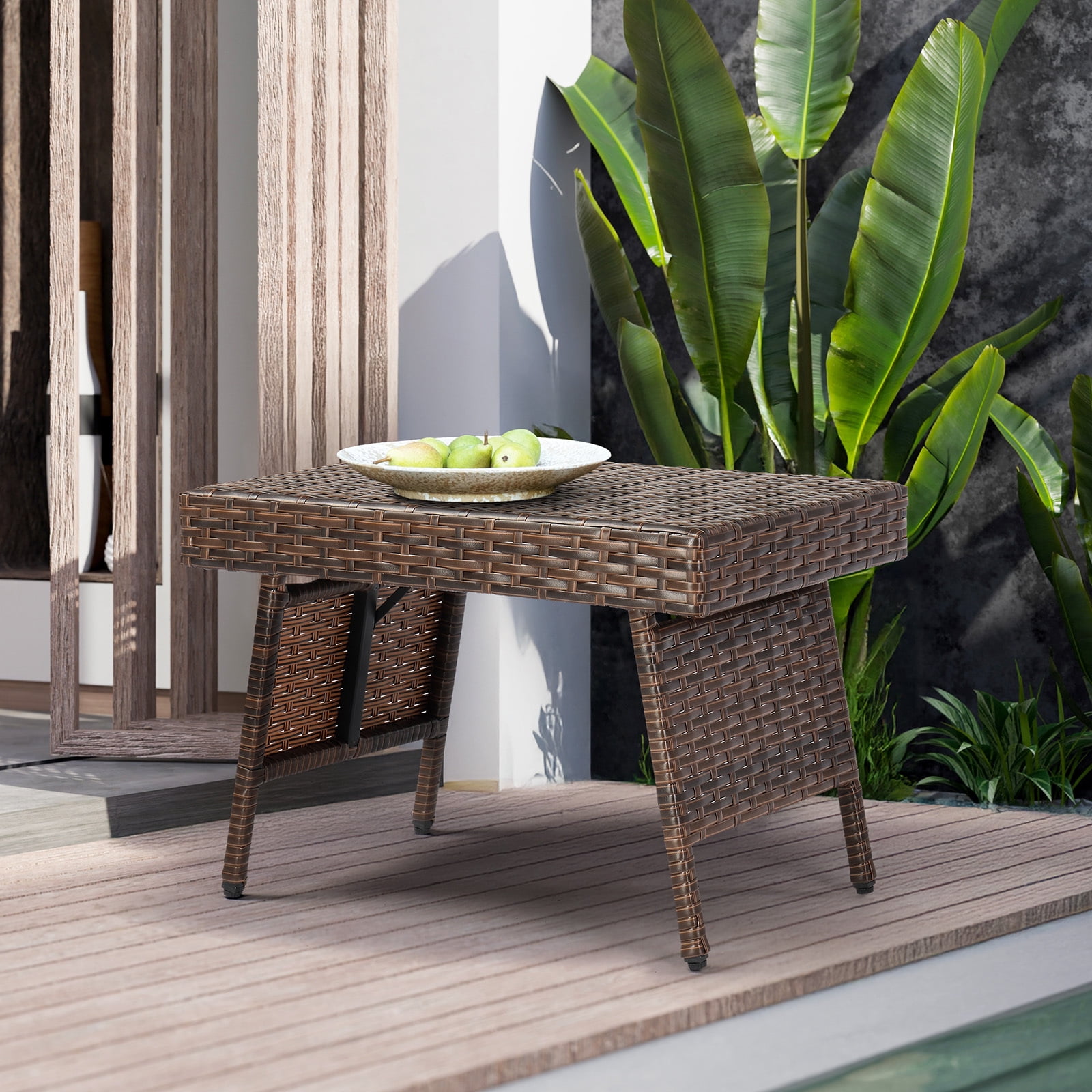 Large Folding Side Table | Brown PE Wicker with Storage | for Patio ...