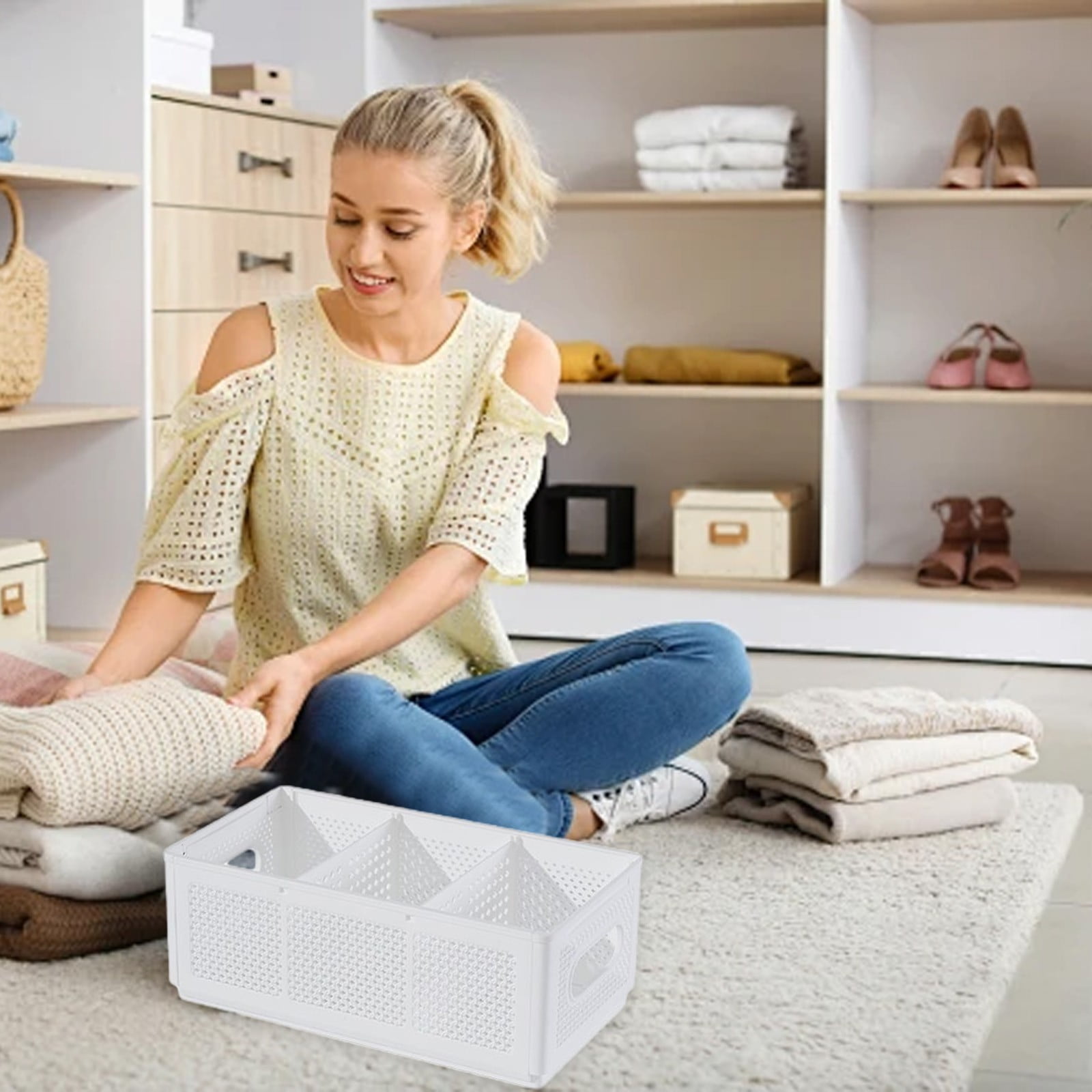 Large Folding Storage Basket with Handles, Breathable Plastic Organizer ...