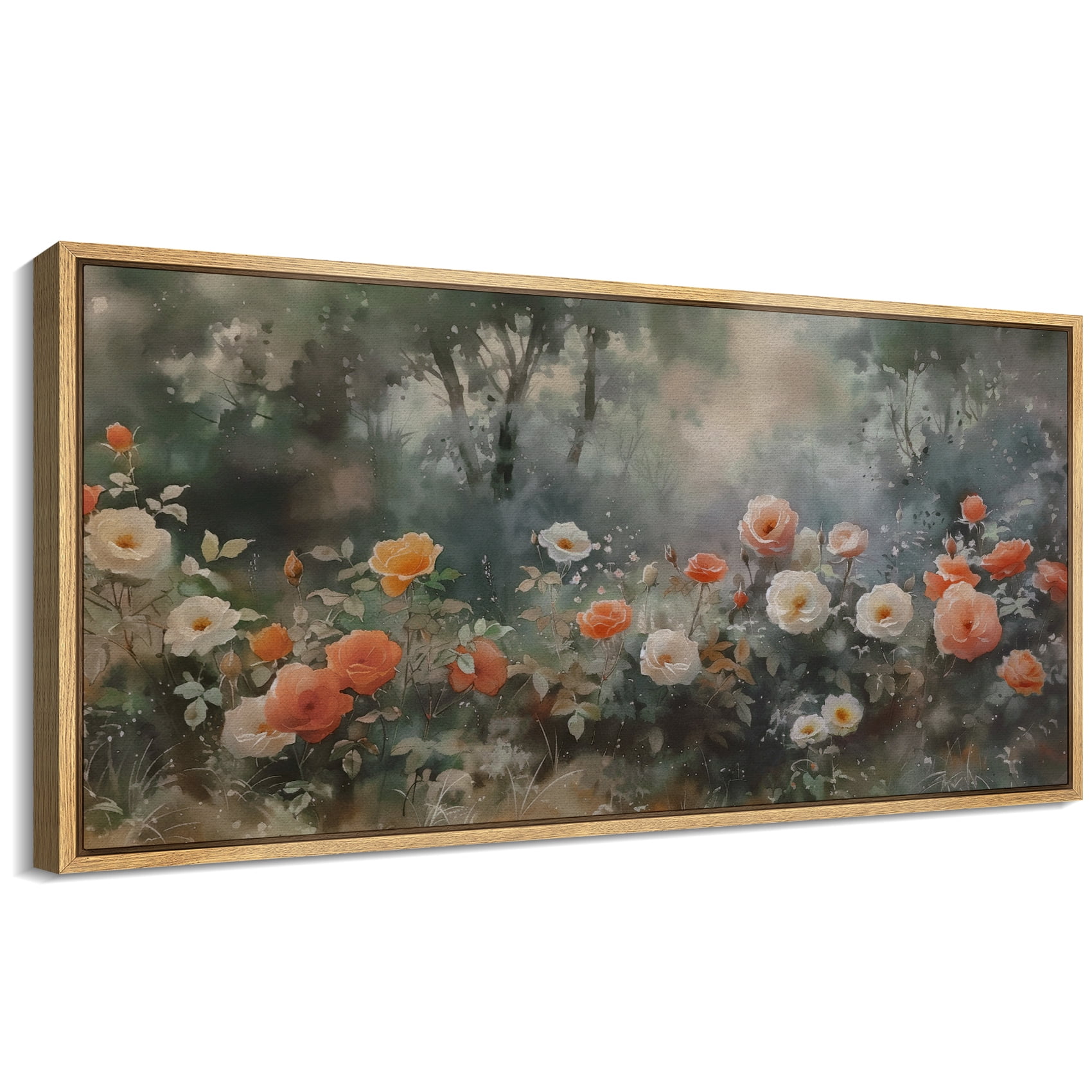Large Framed Canvas Print Romantic Rose Garden - Watercolor FloralWall ...
