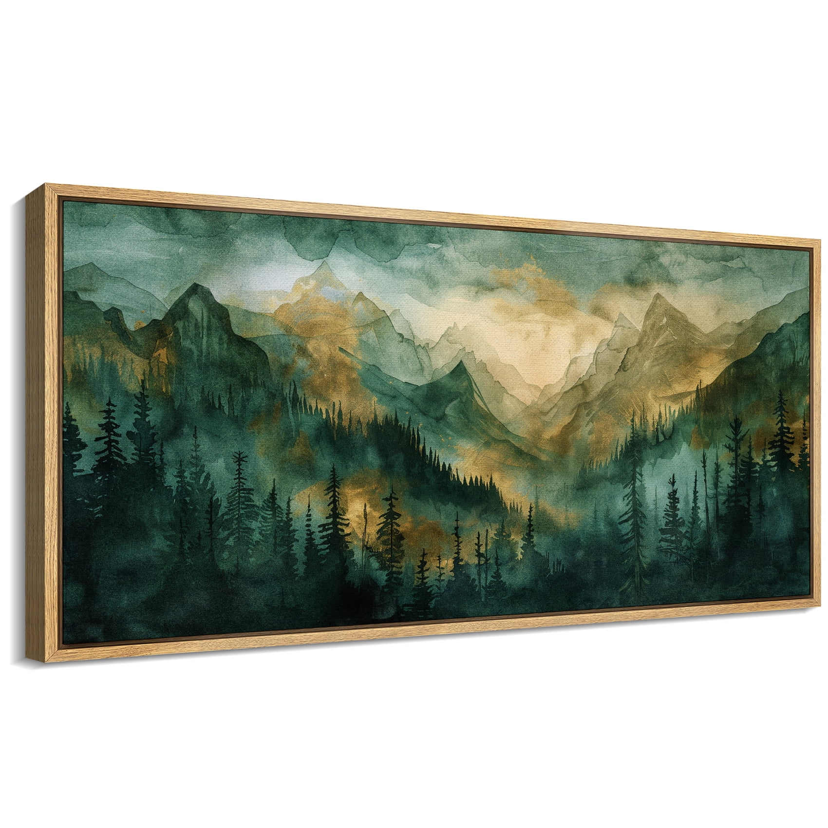 Large Framed Canvas Print Watercolor Misty Mountains - Green Forest ...