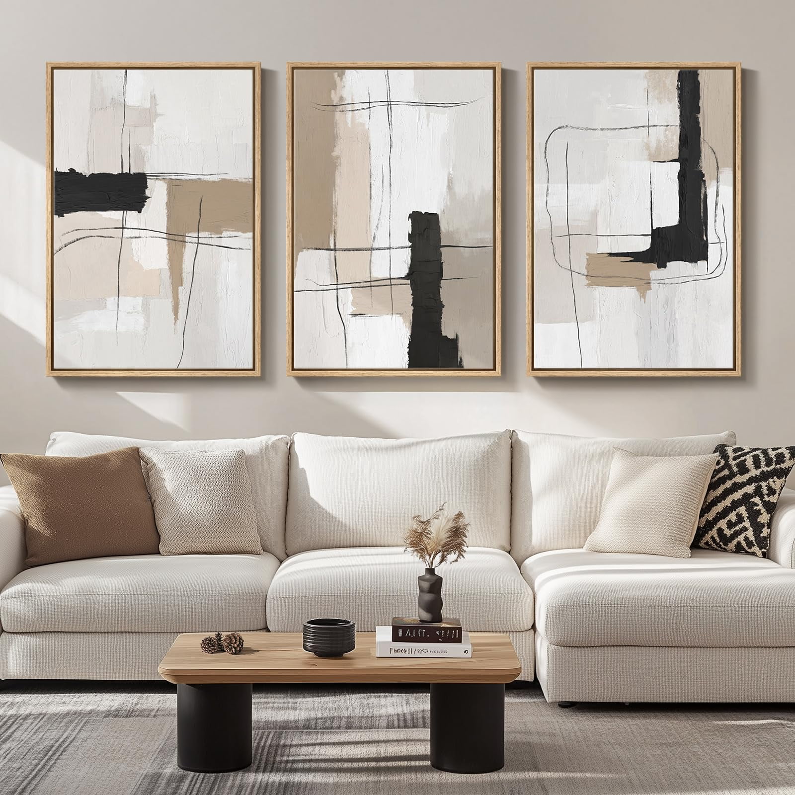 Large Framed Neutral Abstract Wall Art 3 Piece Modern Canvas Prints ...