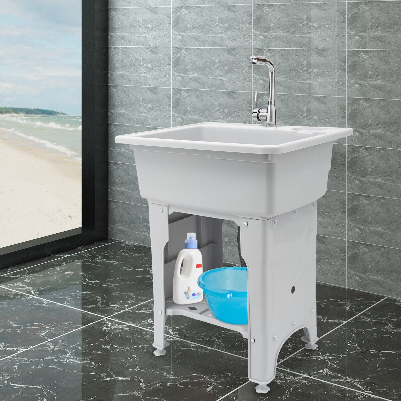 Large Freestanding Twin Laundry Garage Sink Utility Bowl Wash Tub Basin ...