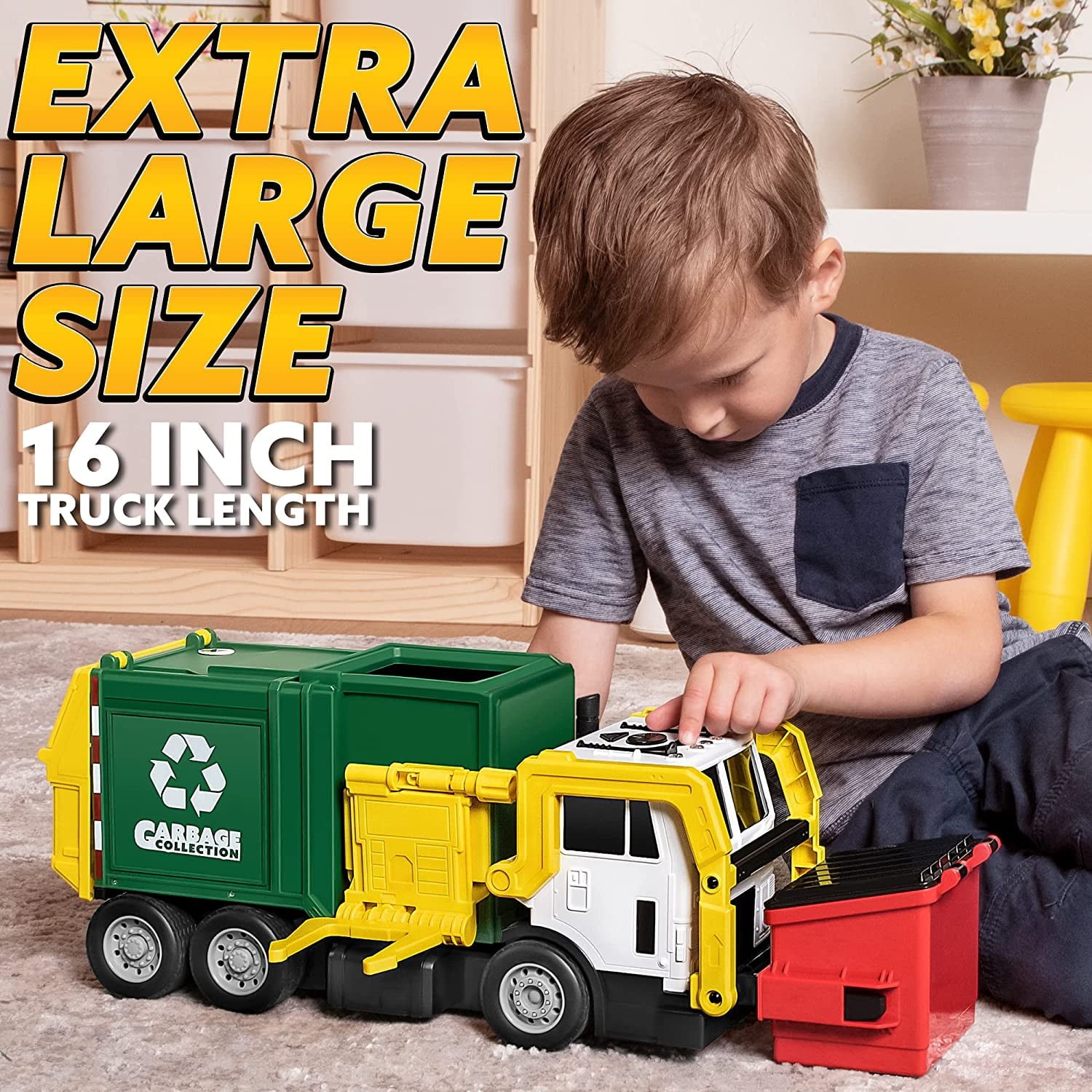 Large Friction Powered Garbage Truck Toy Set with Dumpster, Trash Bins ...