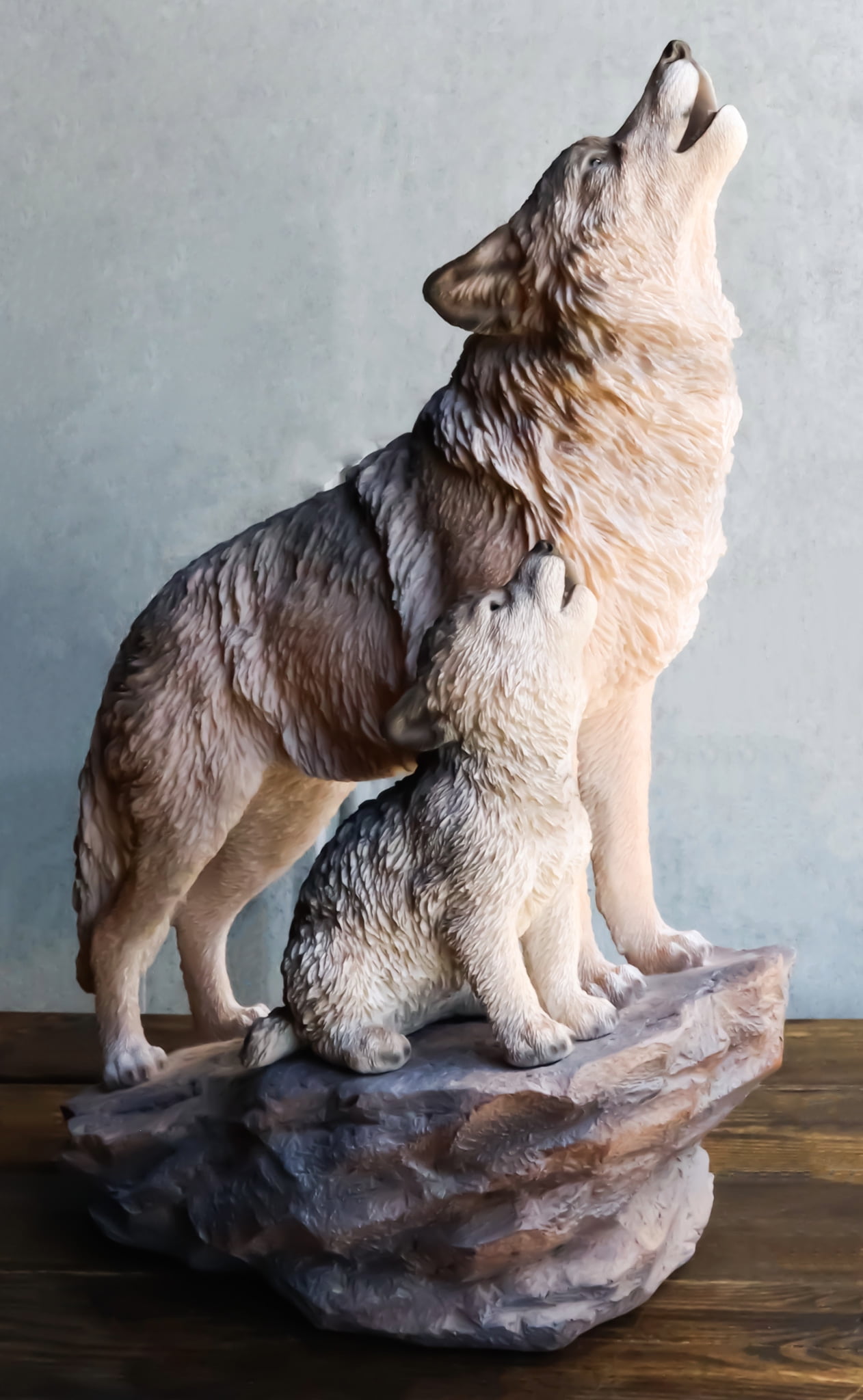 Large Full Moon Howling Spirit Wolf Alpha With Puppy On Rock Ledge ...