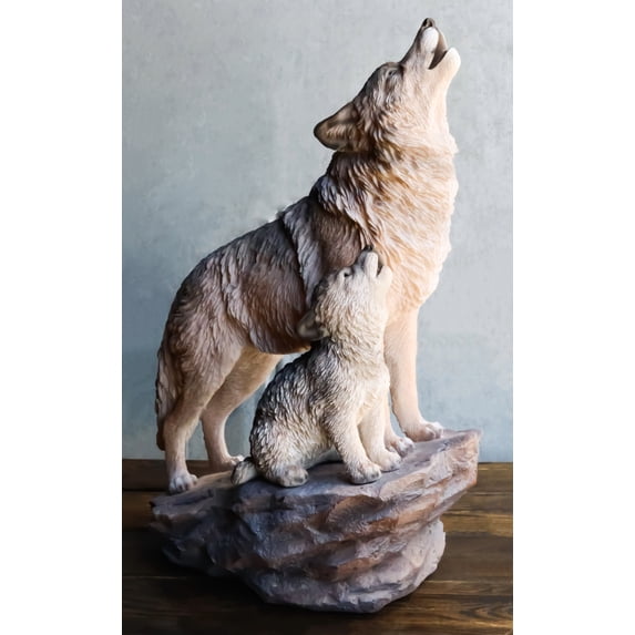 Large Full Moon Howling Spirit Wolf Alpha With Puppy On Rock Ledge ...