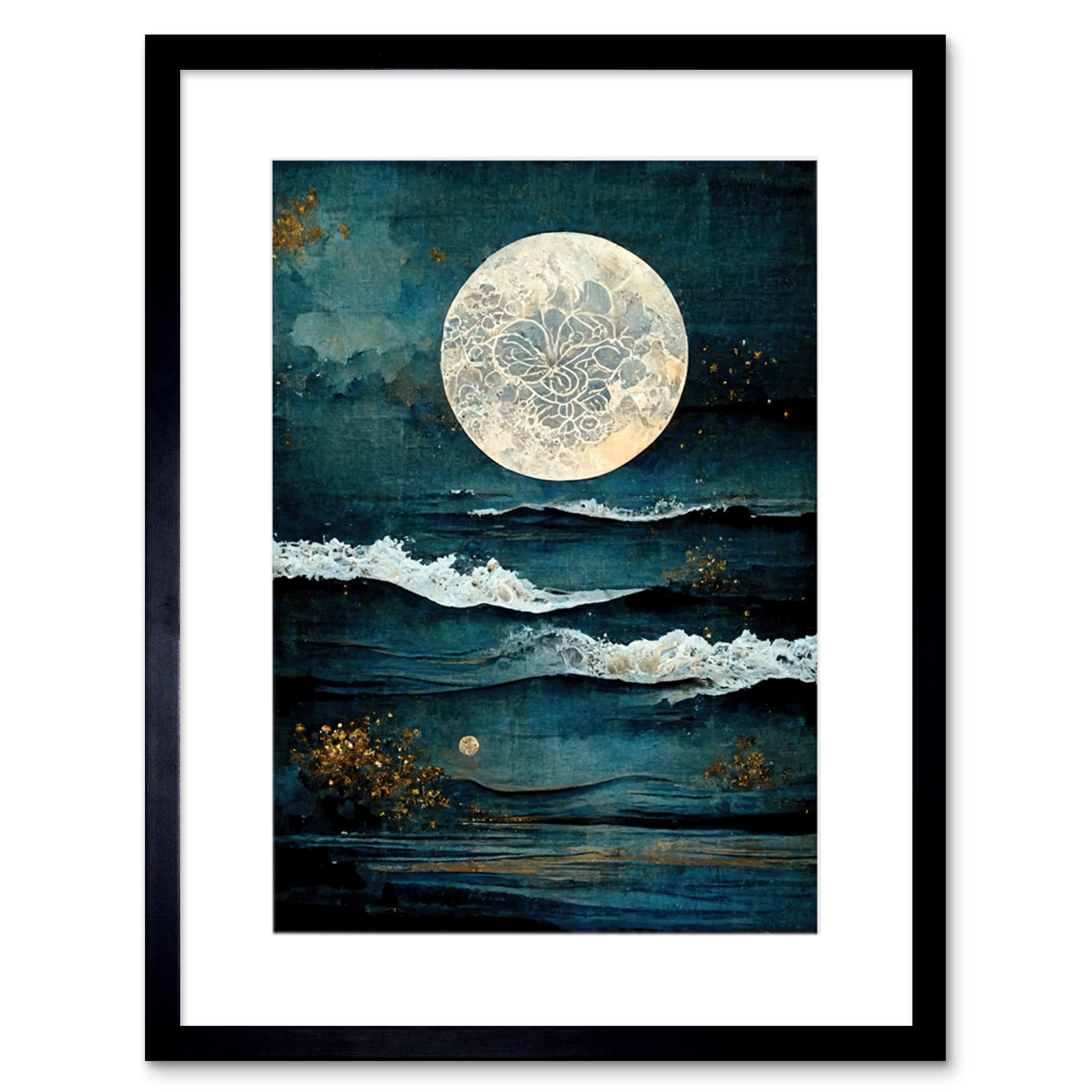 Large Full Moon Seascape Golden Algae Wave Foam Artwork Framed Wall Art ...