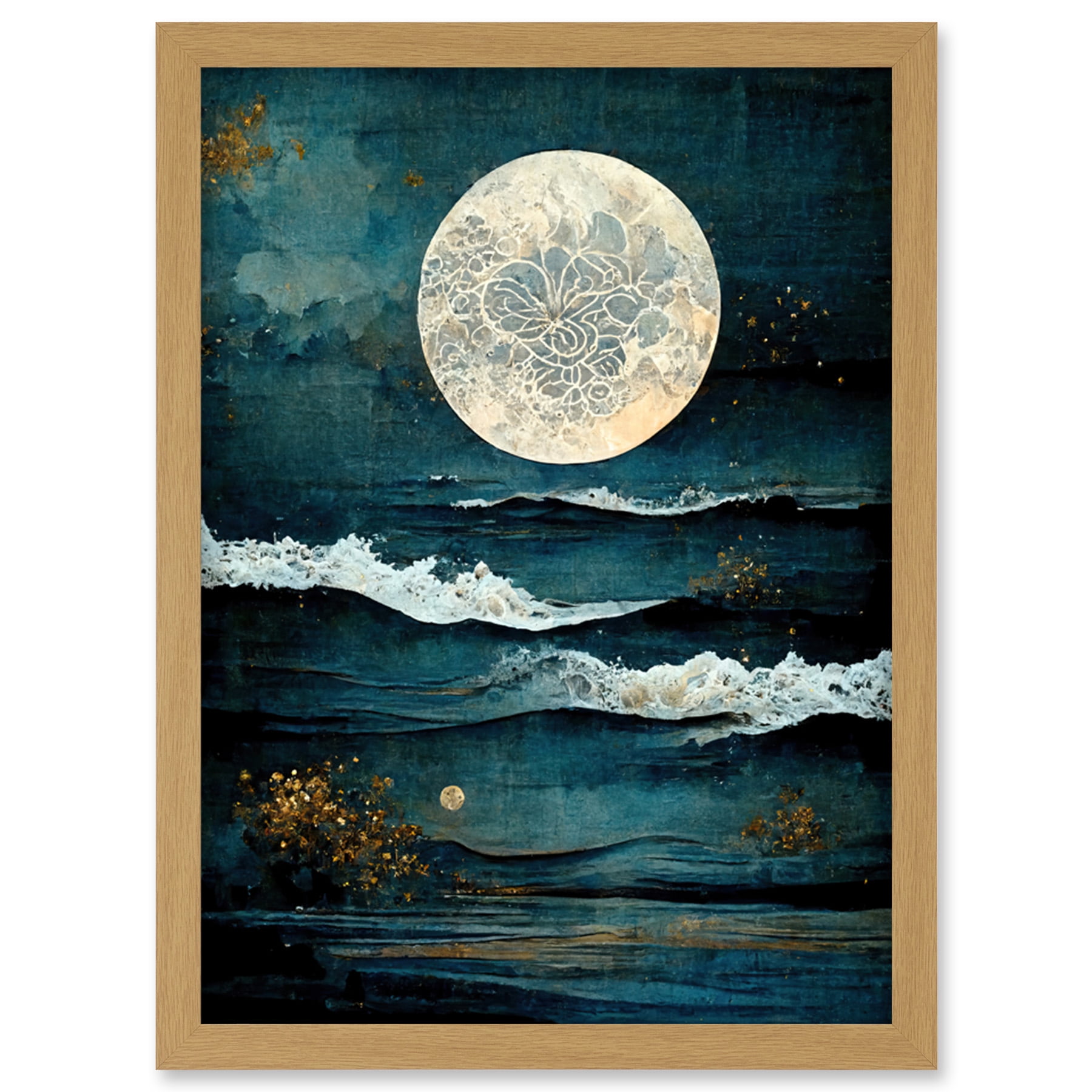 Large Full Moon Seascape Golden Algae Wave Foam Artwork Framed Wall Art ...