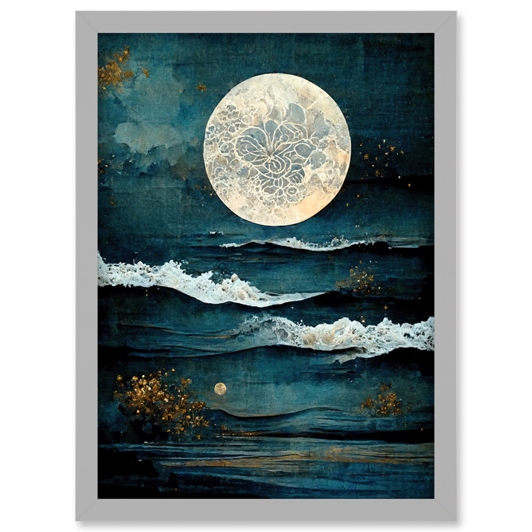 Large Full Moon Seascape Golden Algae Wave Foam Artwork Framed Wall Art Print A4 - Walmart.com