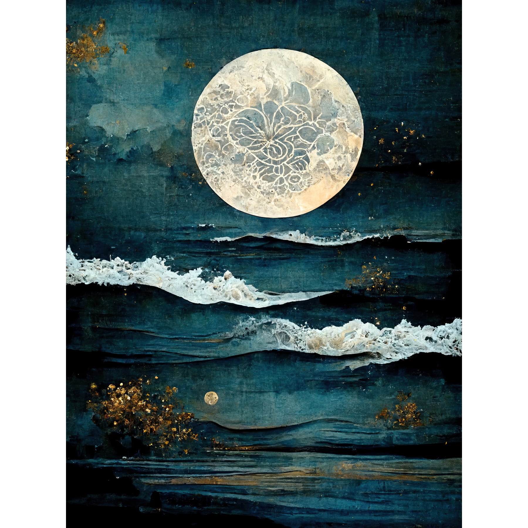 Large Full Moon Seascape Golden Algae Wave Foam Extra Large XL Wall Art ...