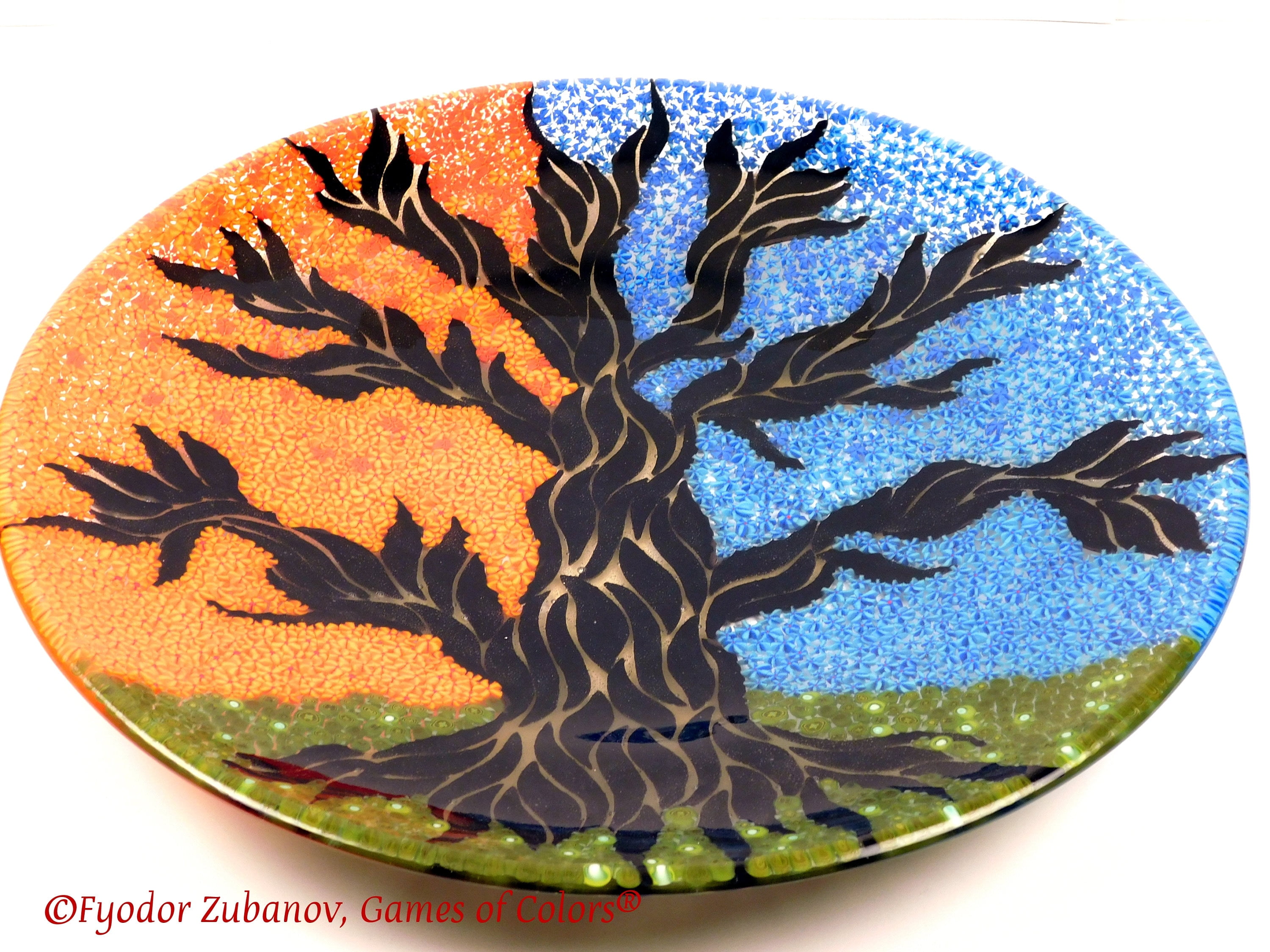 Large Fused glass decorative Platter "The Tree of Life"; centerpiece ...