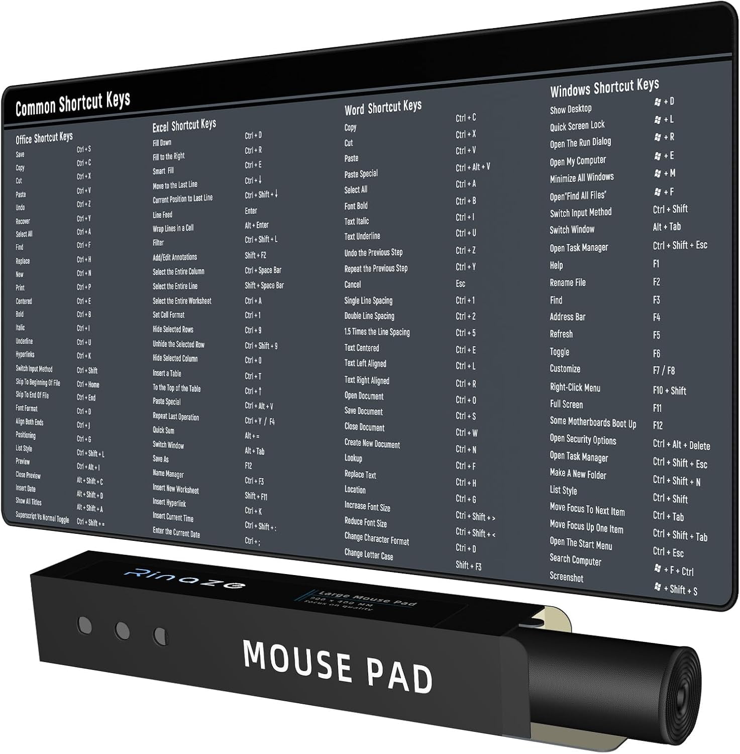 Large Gaming Mouse Pad, Excel Shortcuts Desk Mat Pad, Anti-Slip ...
