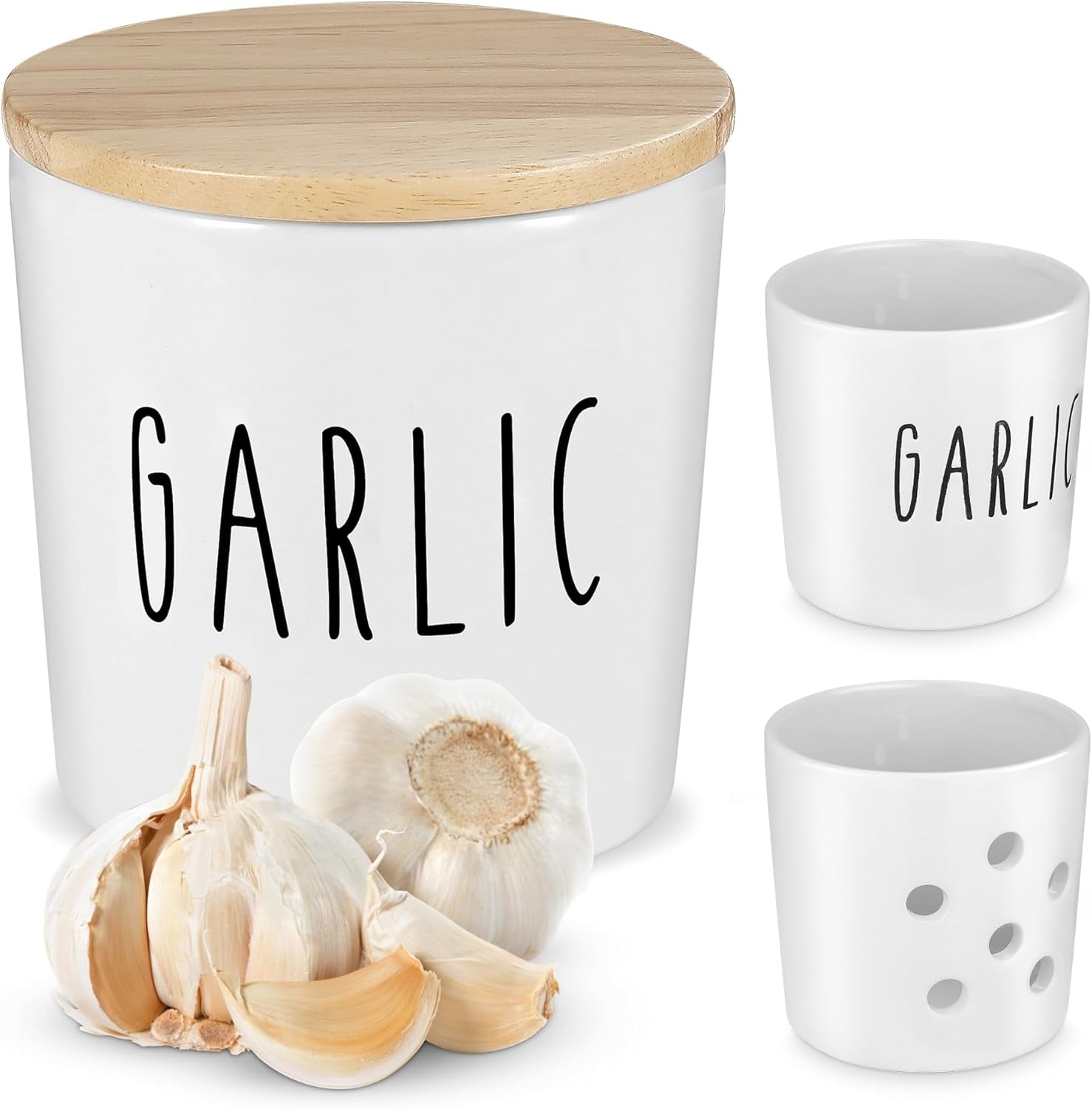 Large Garlic Keeper with Wooden Lid - Garlic Holder Storage - Round ...