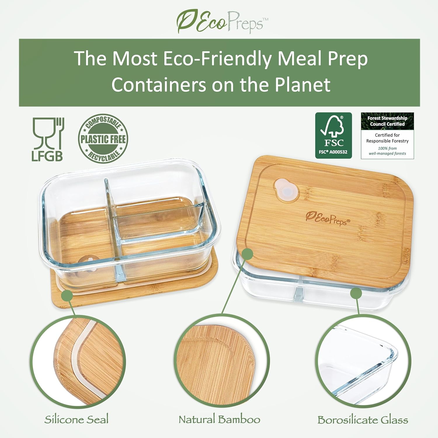 Large Glass Bento Box Containers with Bamboo Lids, 3 Compartment Glass ...