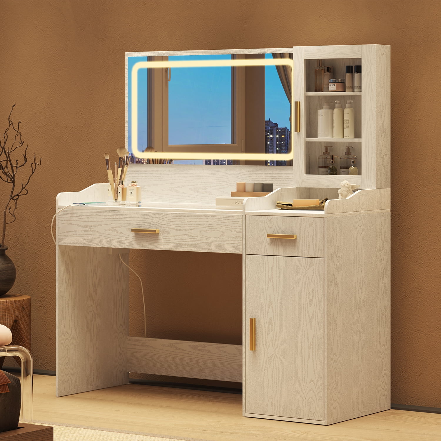 Large Glass Desktop Vanity Desk with LED Lights Power Socket and Mirror ...