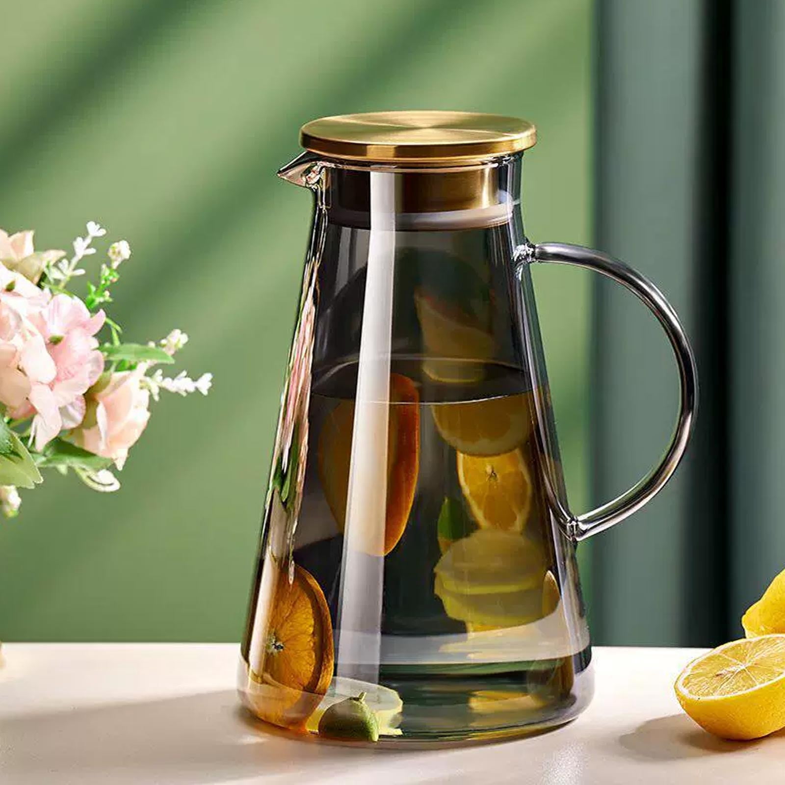 Large Glass Pitcher with Lid 1.8L, Hot and Cold Beverage Dispenser ...