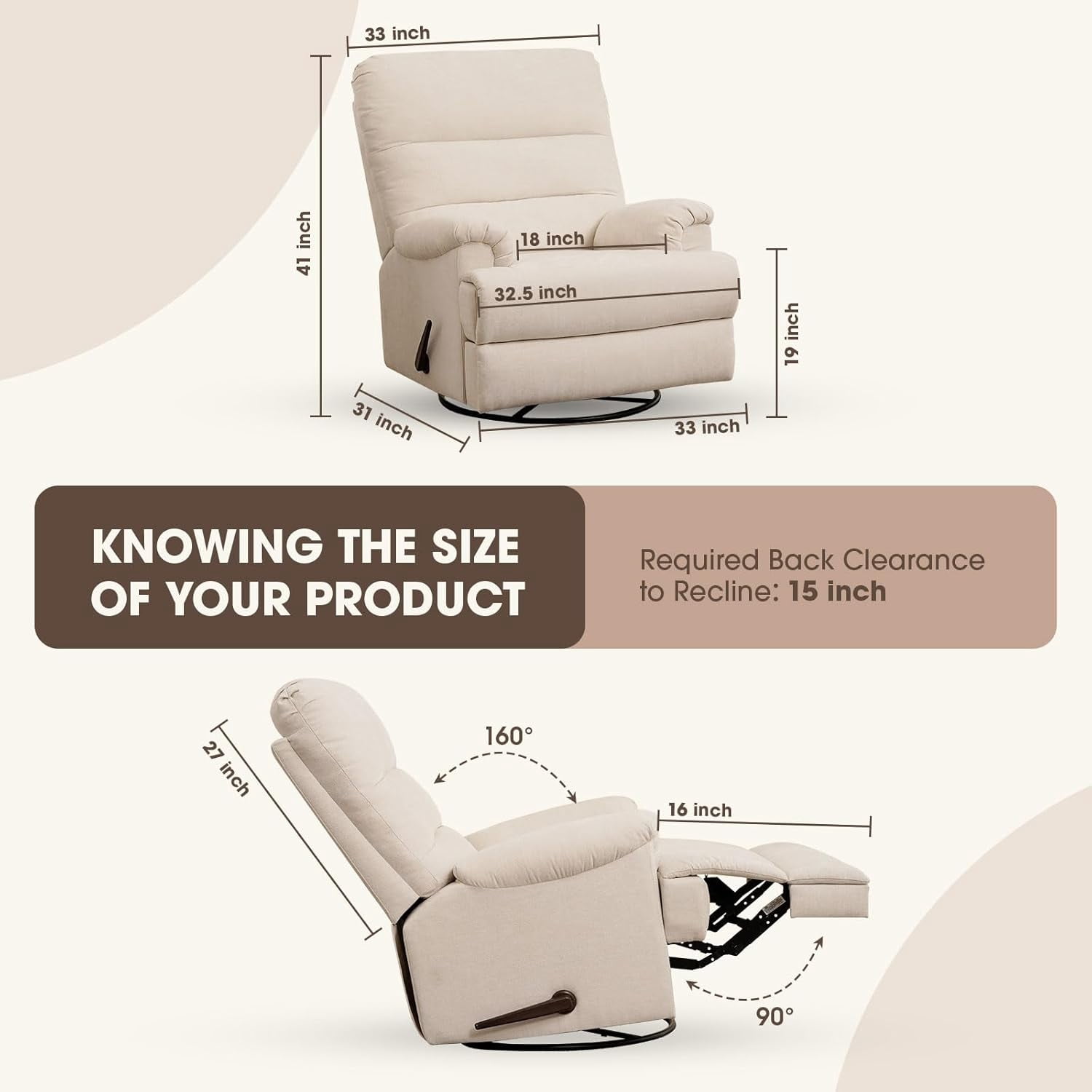 Large Glider Rocker Recliner, Beige Swivel Chair with 23 Inch Deep & 27 ...