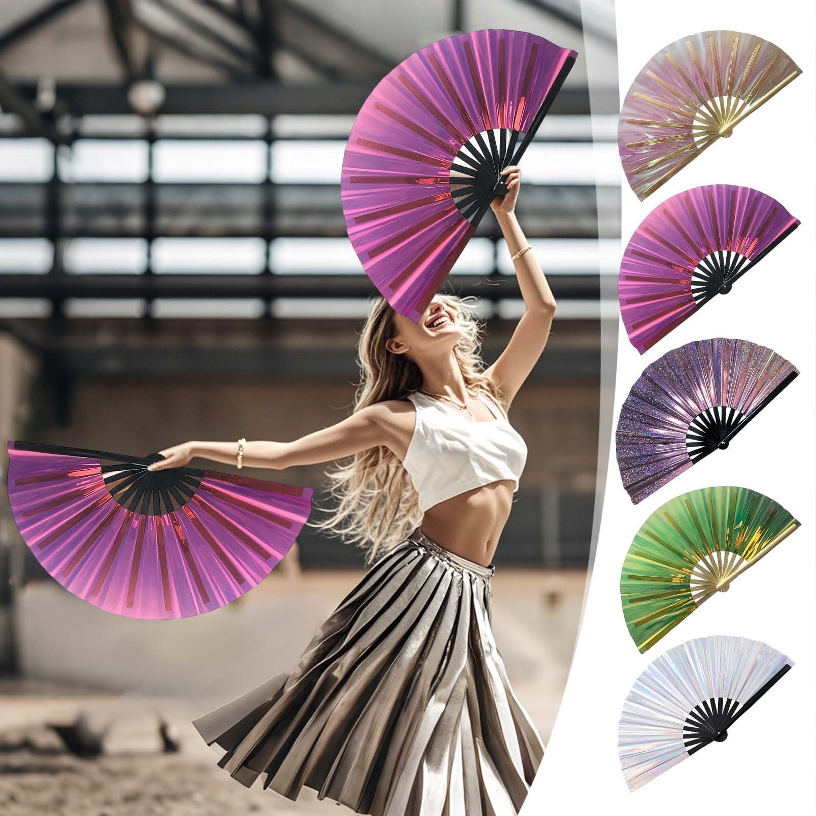 Large Glitter Holographic Rave Hand Fan,Handheld Folding Fan for Women ...