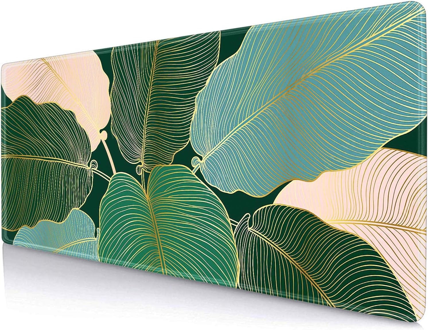 Large Gold Green Leaves Desk Pad 31.5x11.8 Inch Keyboard Mouse Pad with ...