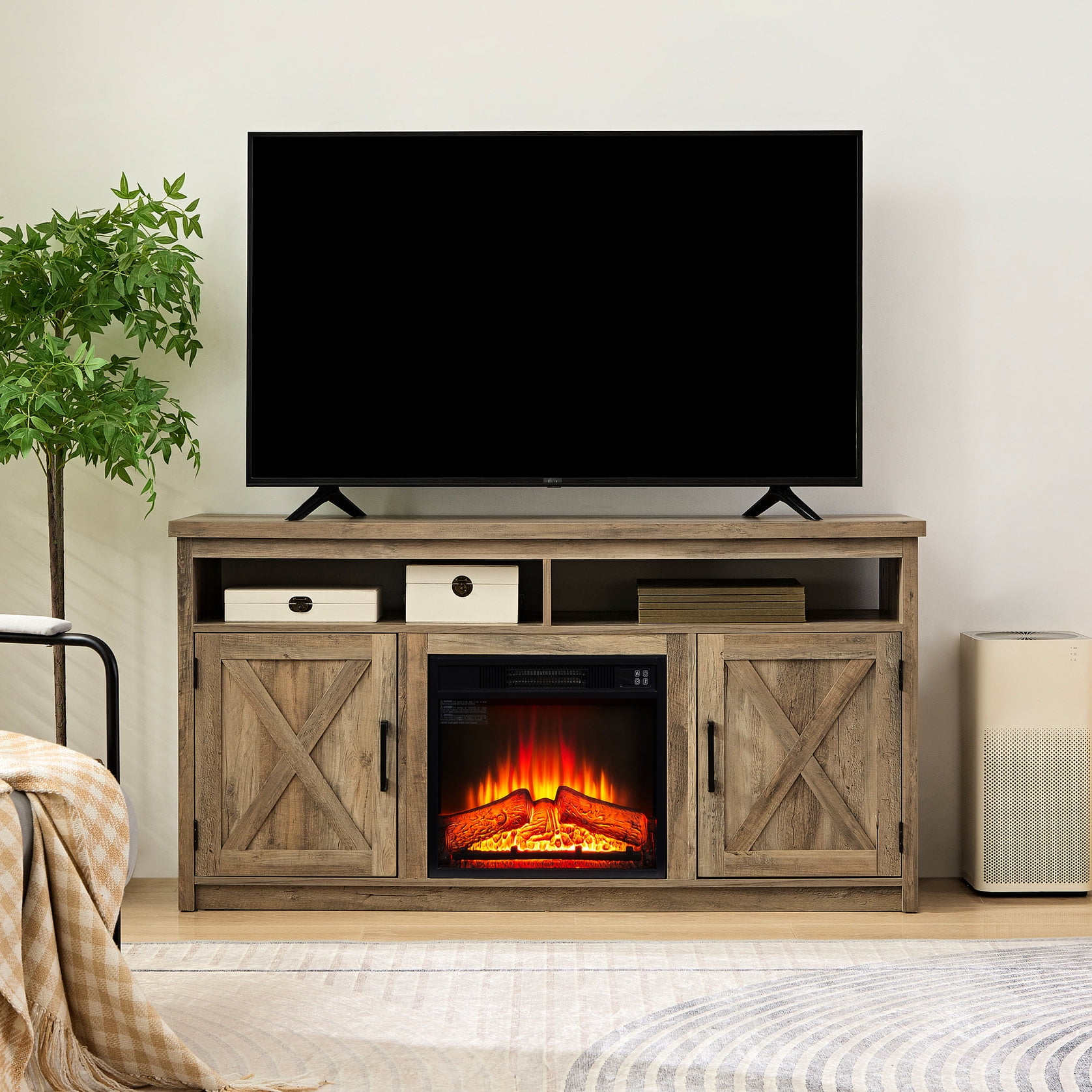 Large Gray Wash Farmhouse TV Console with Fireplace for 65" TVs ...