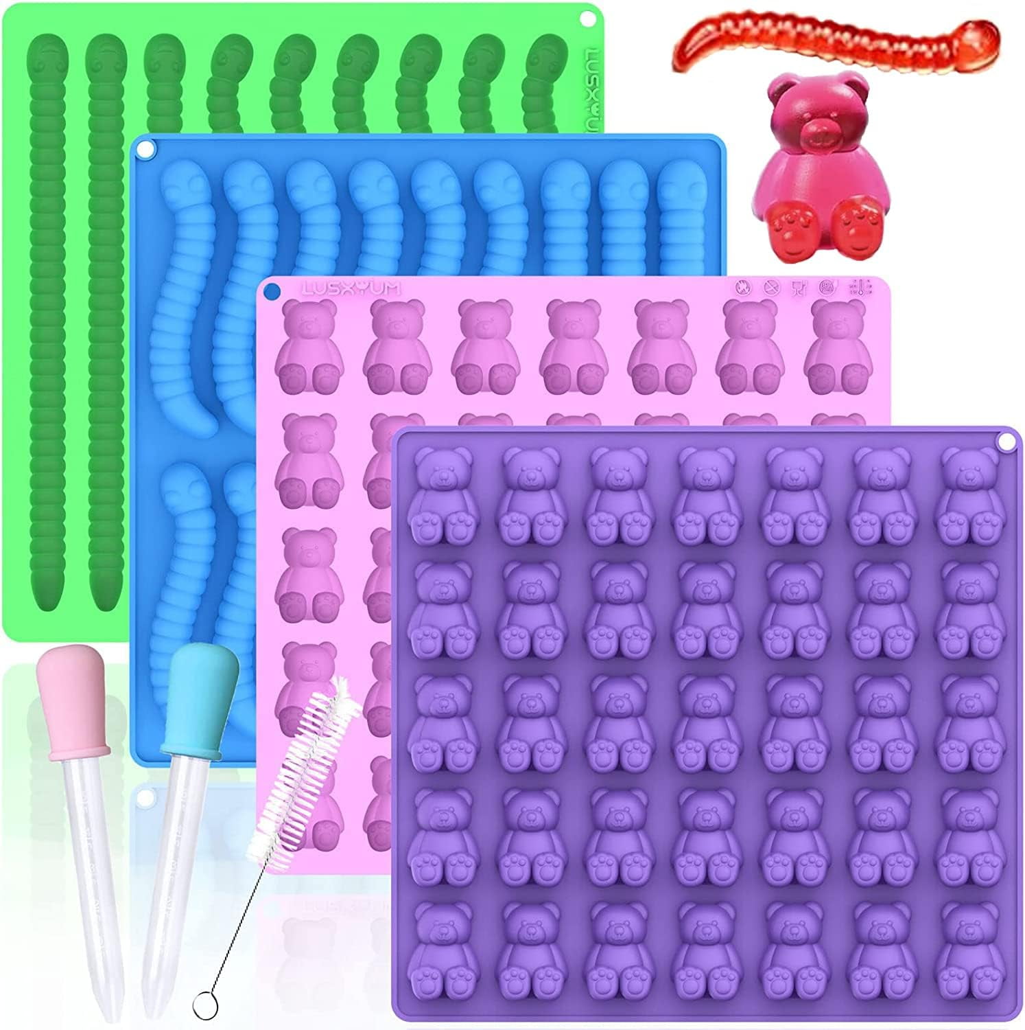 Large Gummy Bear and Worm Mold Silicone, 4 PCS No Stick Chocolate Candy ...