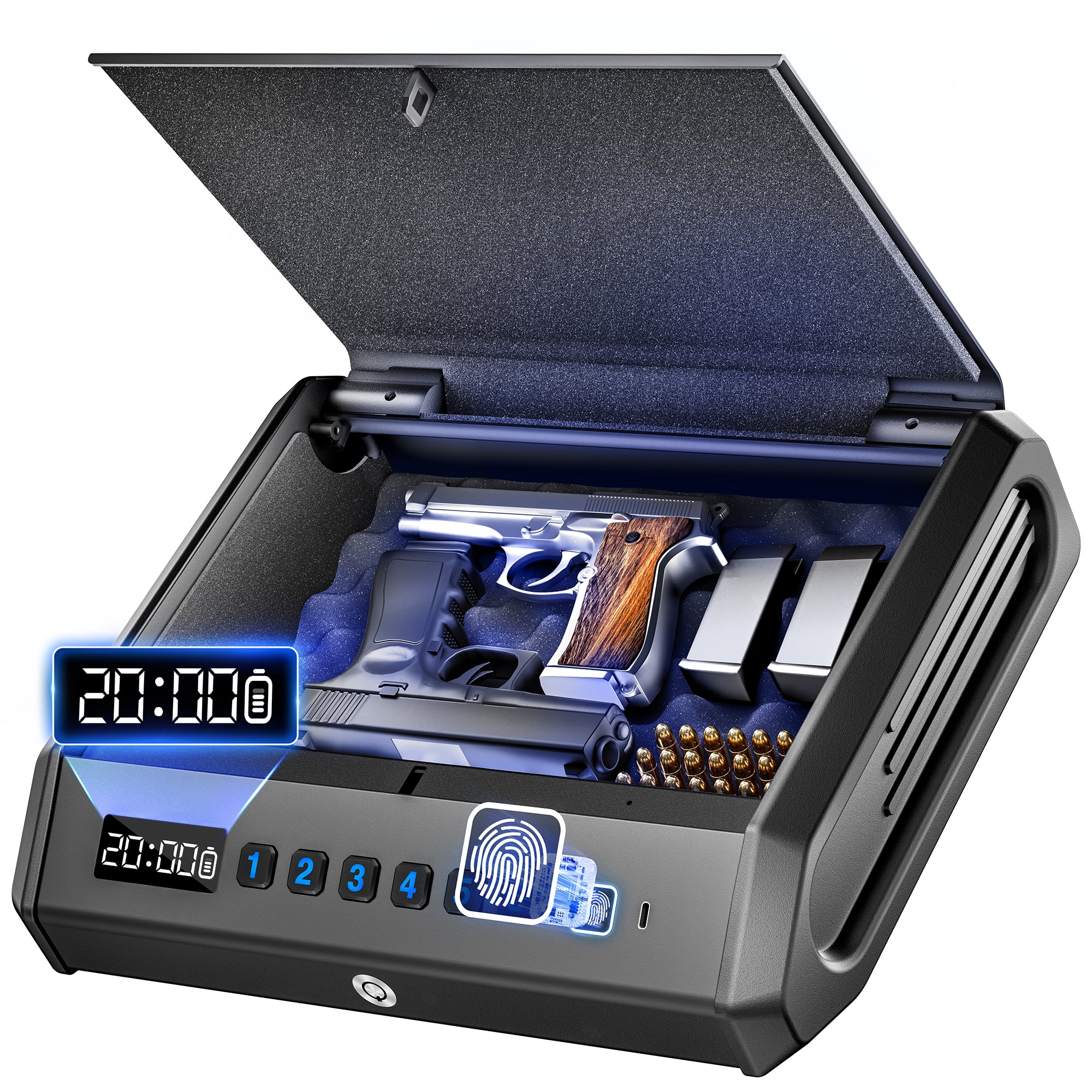 Large Gun Safe for 2-4 Pistols, Fingerprint Digital PIN Key Unlock with ...