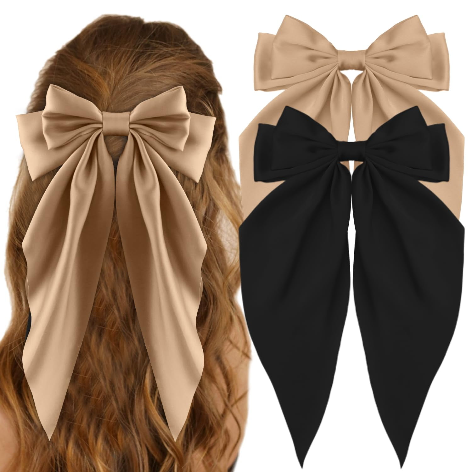 Large Hair Bows, 2PCS Satin Hair Ribbons Bow Hair Clips, Oversized Long ...