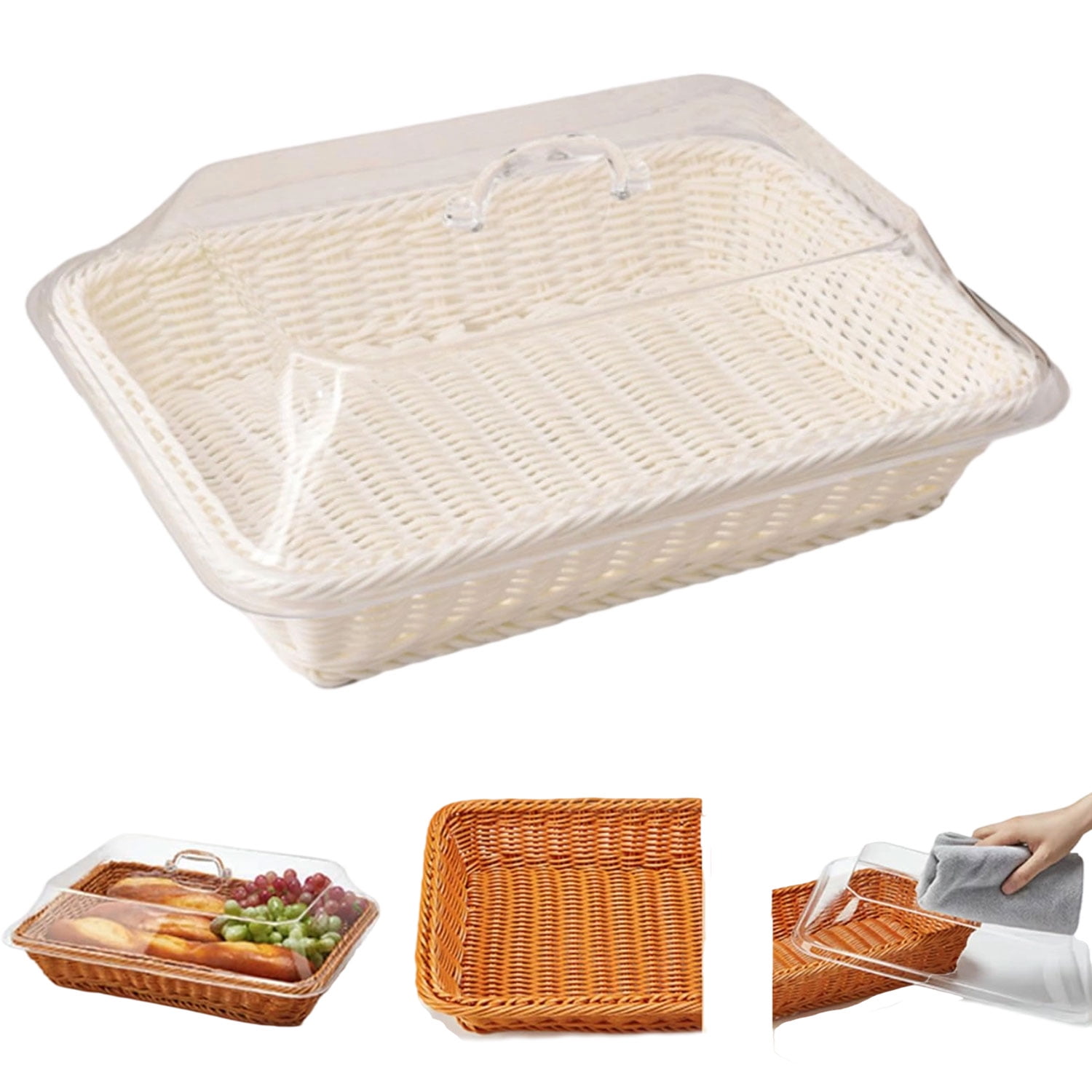 Large Handwoven Rattan-Style Bread Basket with Clear Acrylic Lid, Hand ...