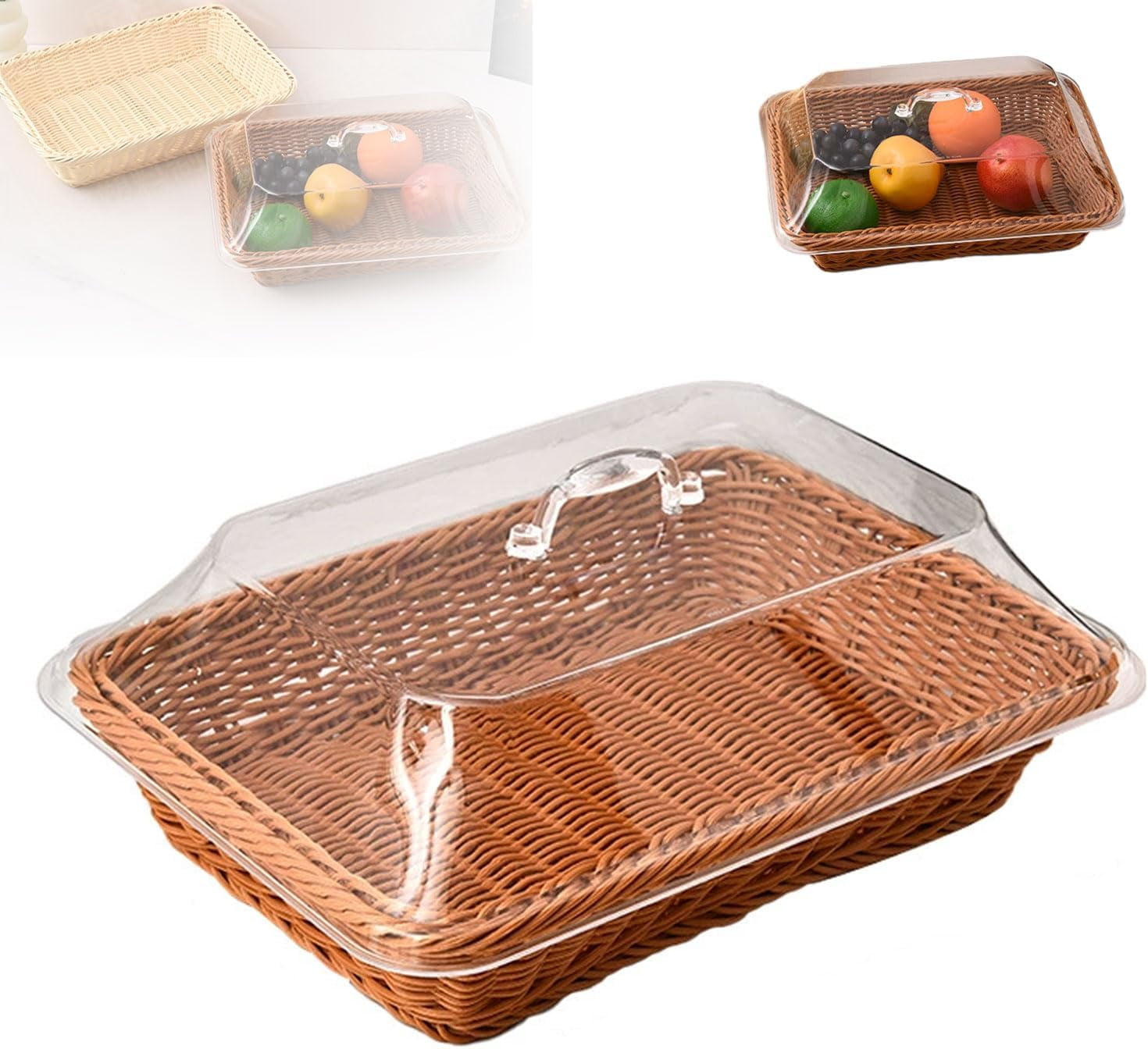Large Handwoven Rattan-Style Bread Basket with Clear Acrylic Lid, Hand ...