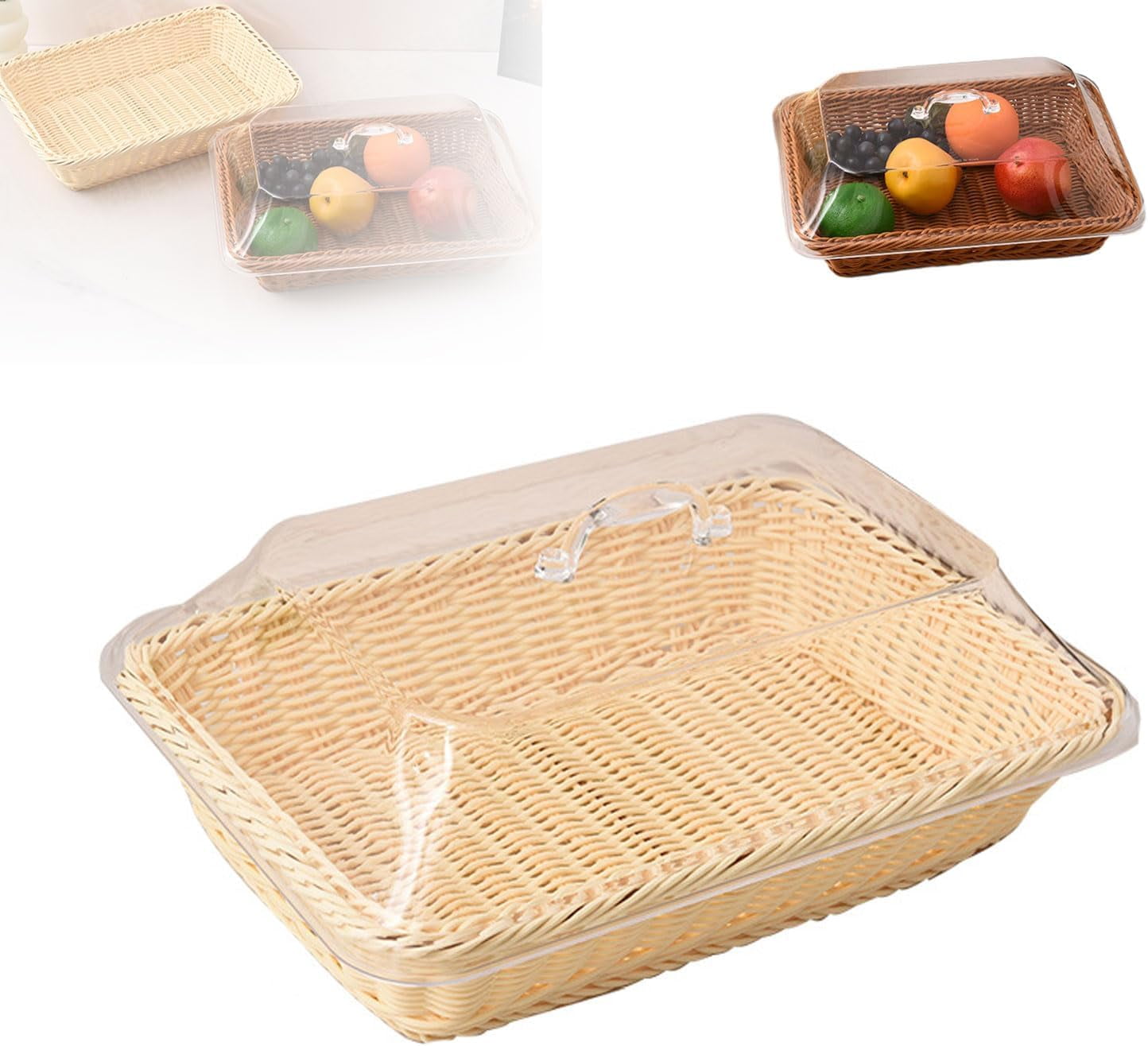Large Handwoven Rattan-Style Bread Basket,with Clear Acrylic Lid, Hand ...