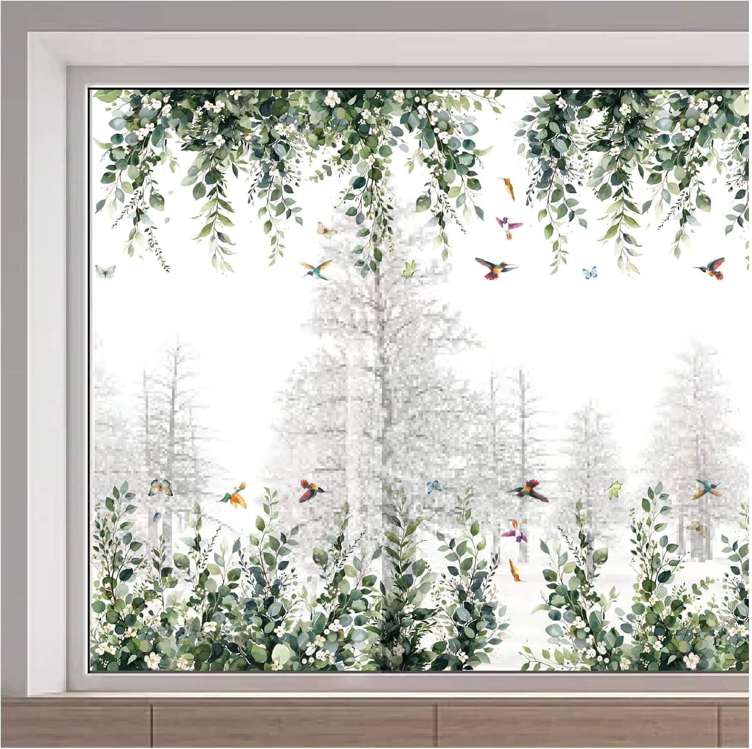 Large Hanging Window Clings - 45.6x11.8 Inch Green Leaves & Spring Bird ...