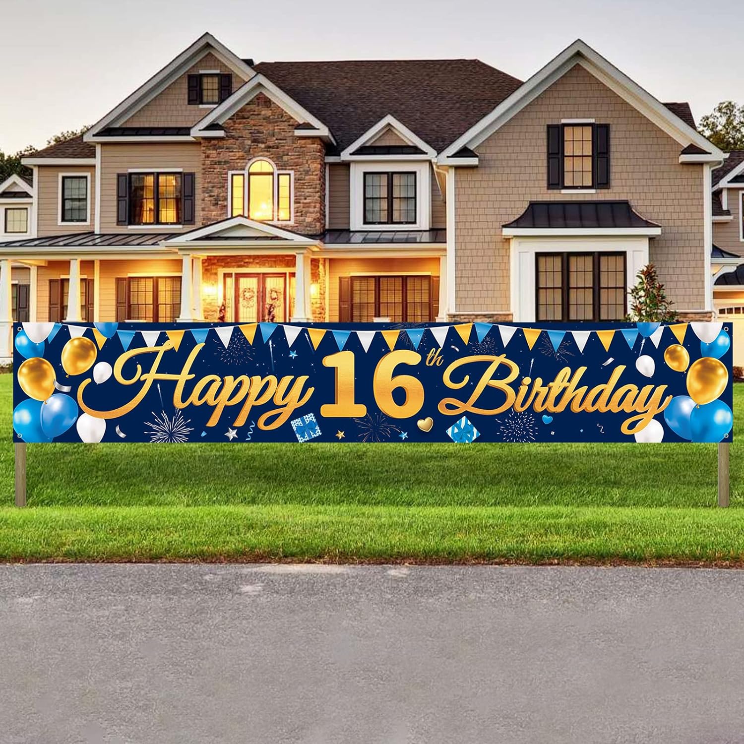 Large Happy 16th Birthday Banner Backdrop Blue Gold 16 Birthday Sign 16 ...