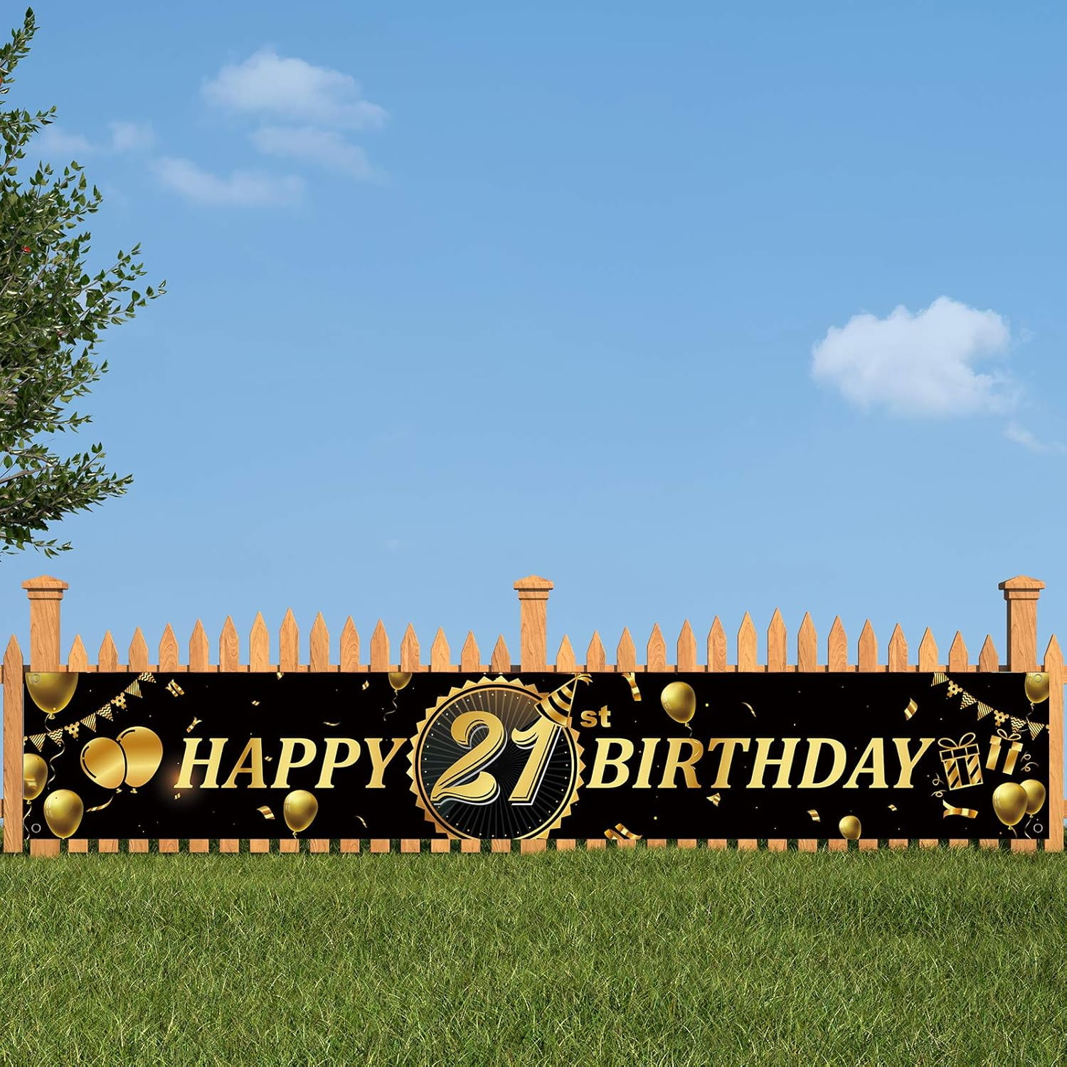 Large Happy 21st Birthday Banner Black and Gold, Large Birthday Banner ...