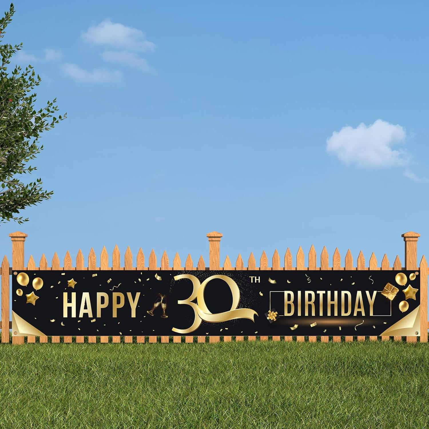 Large Happy 30th Birthday Banner Black and Gold, Large Birthday Banner ...