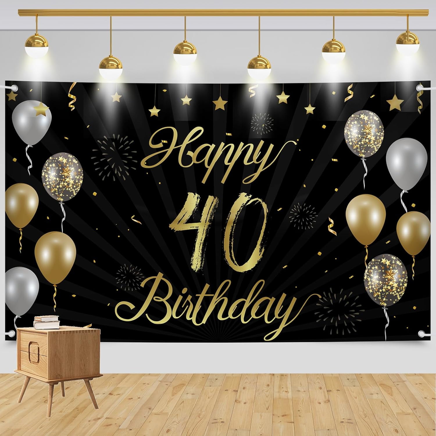 Large Happy 40th Birthday Backdrop Banner, Black Gold Birthday Party ...