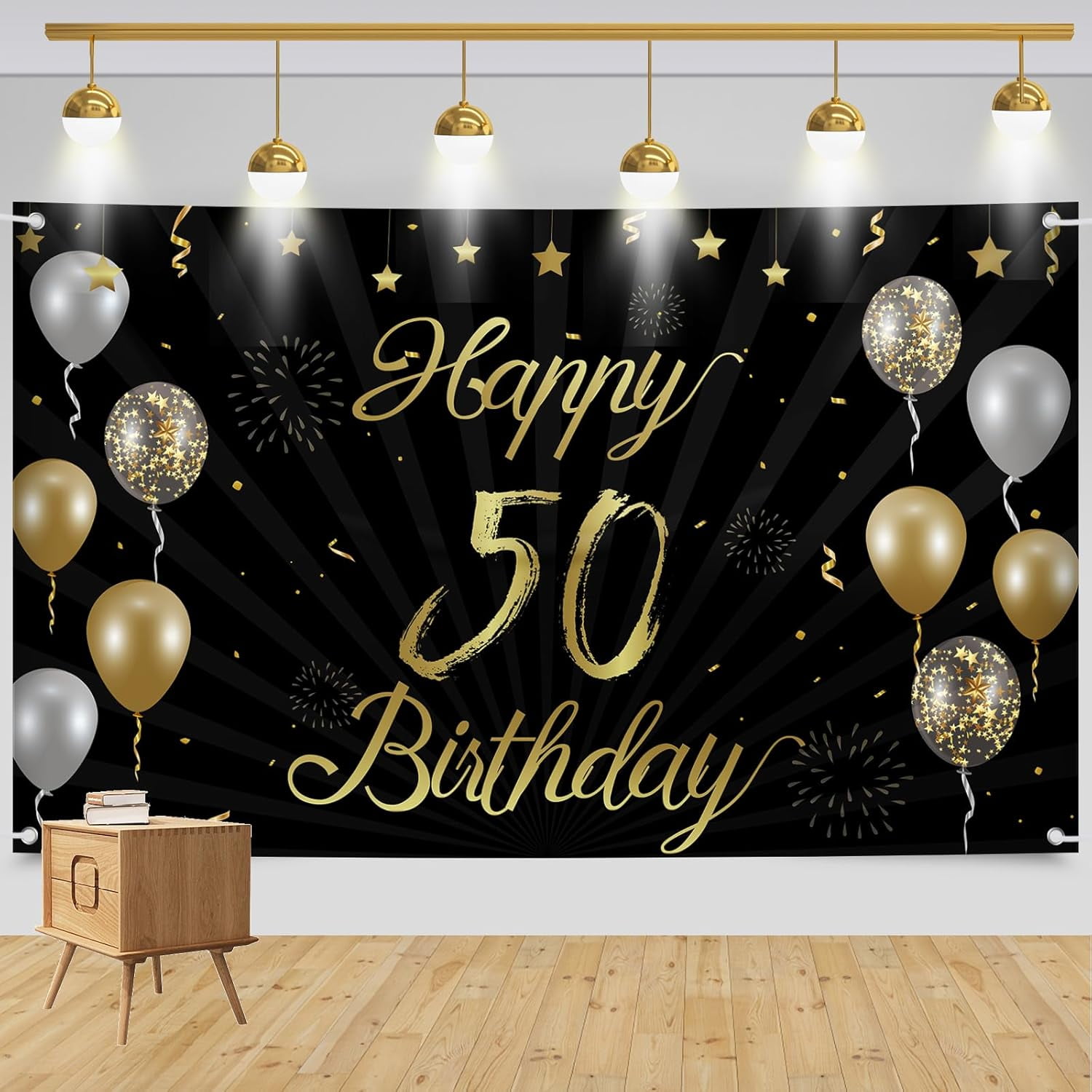 Large Happy 50th Birthday Backdrop Banner, Black Gold Birthday Party ...