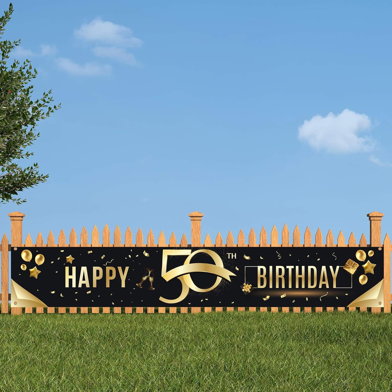 Large Happy 50th Birthday Banner Black and Gold, Large Birthday Banner ...