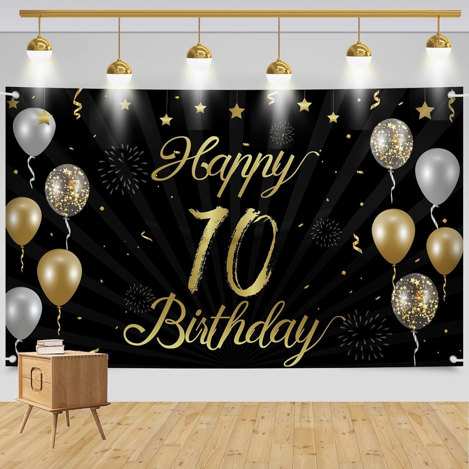 Large Happy 70th Birthday Backdrop Banner, Black Gold Birthday Party ...