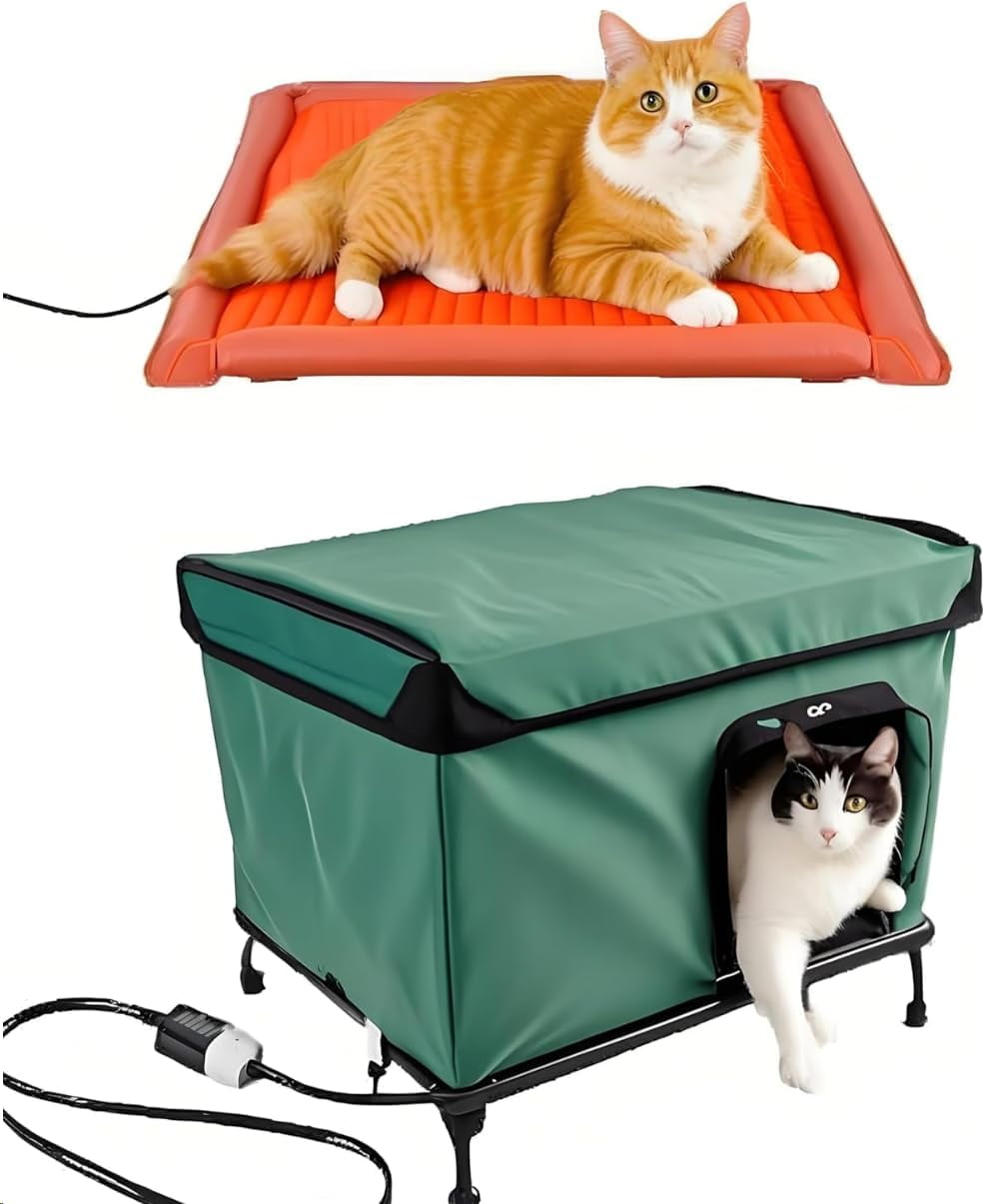Large Heated Cat House for Outside with Pet Heating Pad Bed ...