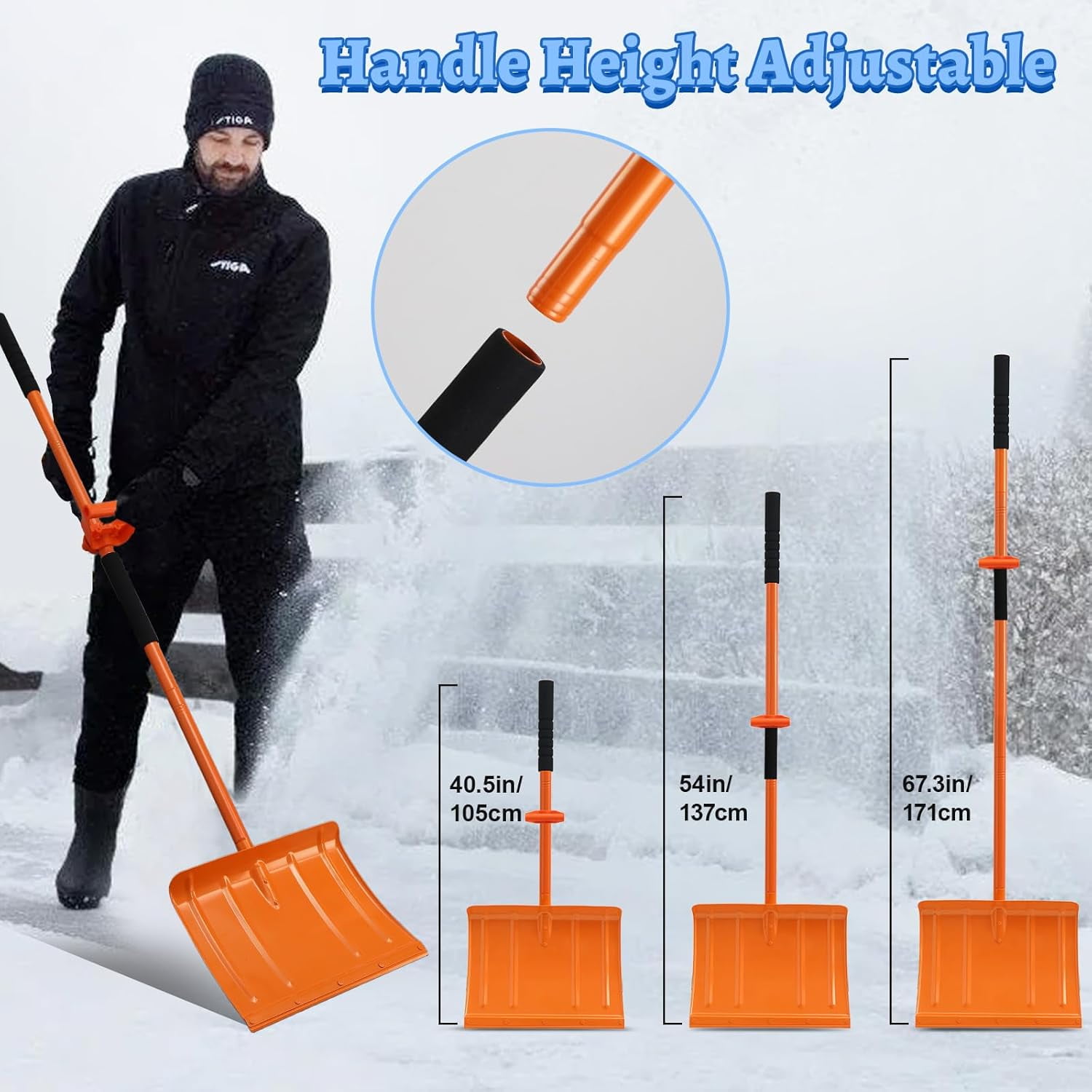 Large Heavy Duty Snow Shovel for Drriveway, 67.3" Portable Snow Pusher ...