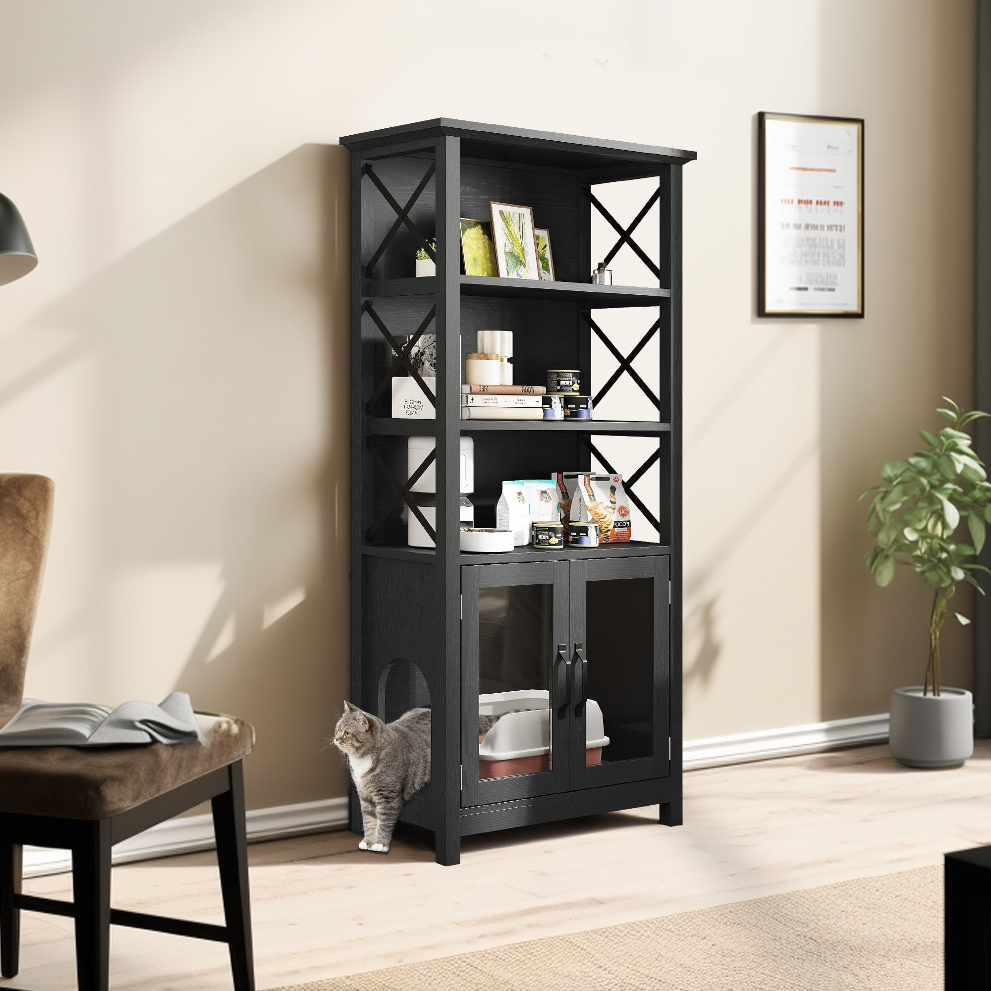 Large Hidden Cat Litter Box Furniture with 3 Shelves and Glass Doors ...