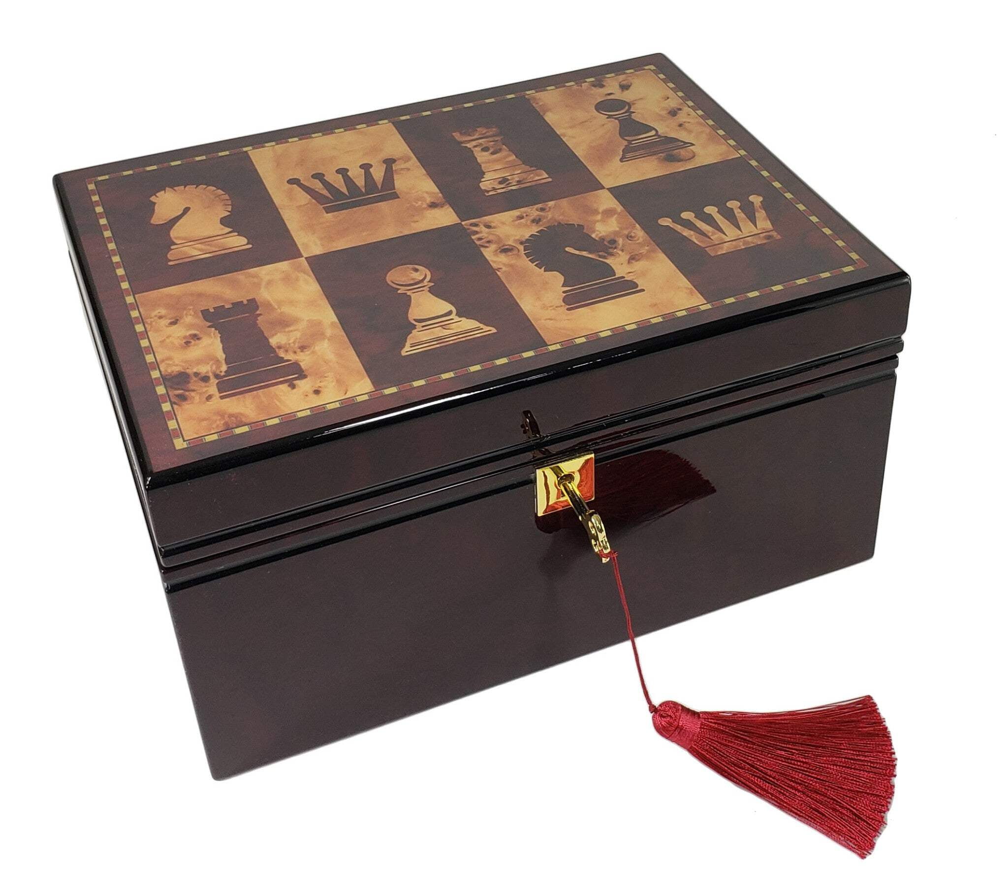Large High Gloss Cherry and Burlwood Color Chess Storage Box upto 4 3/4 ...