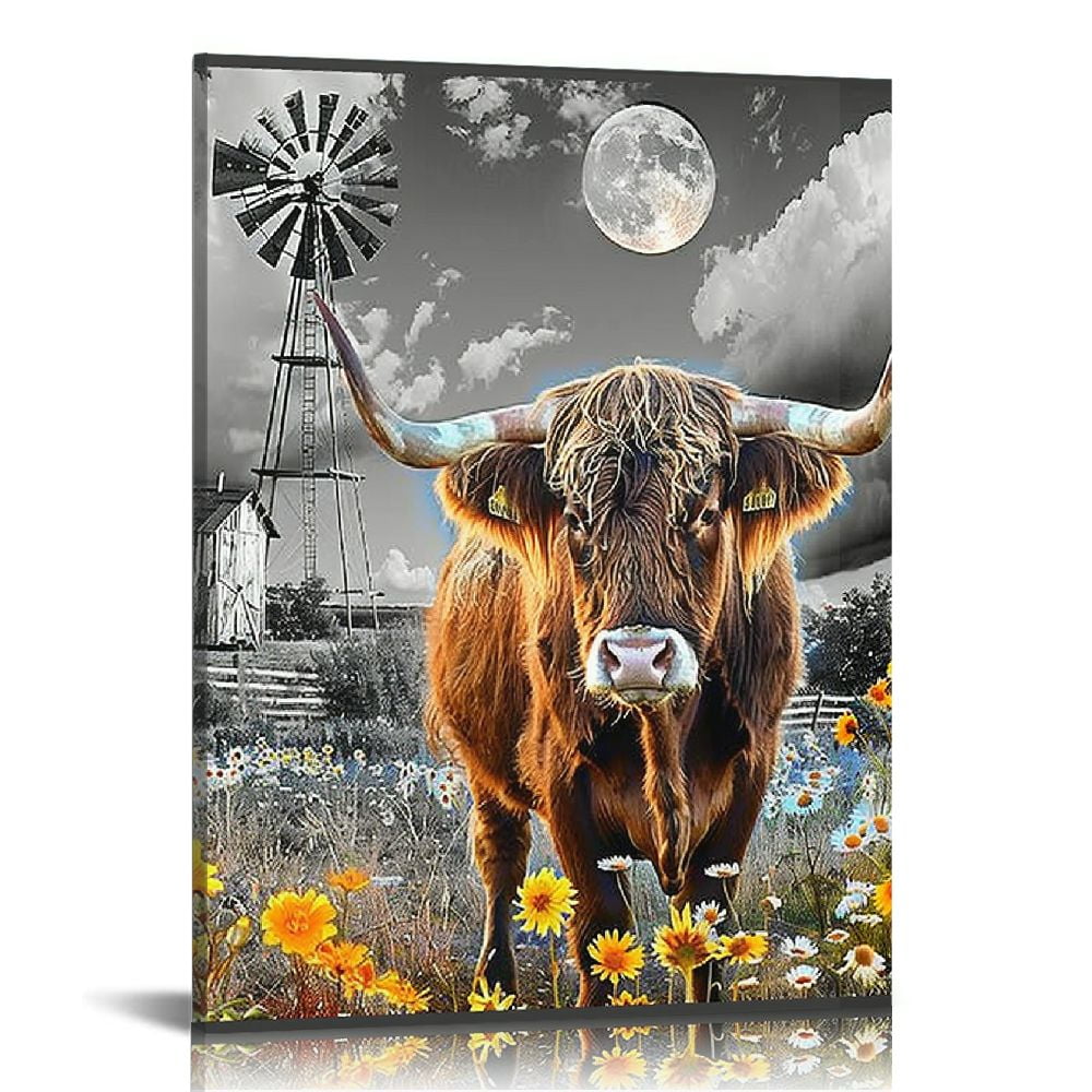 Large Highland Cow Canvas Wall Art Black and White Cow Barn Landscape ...