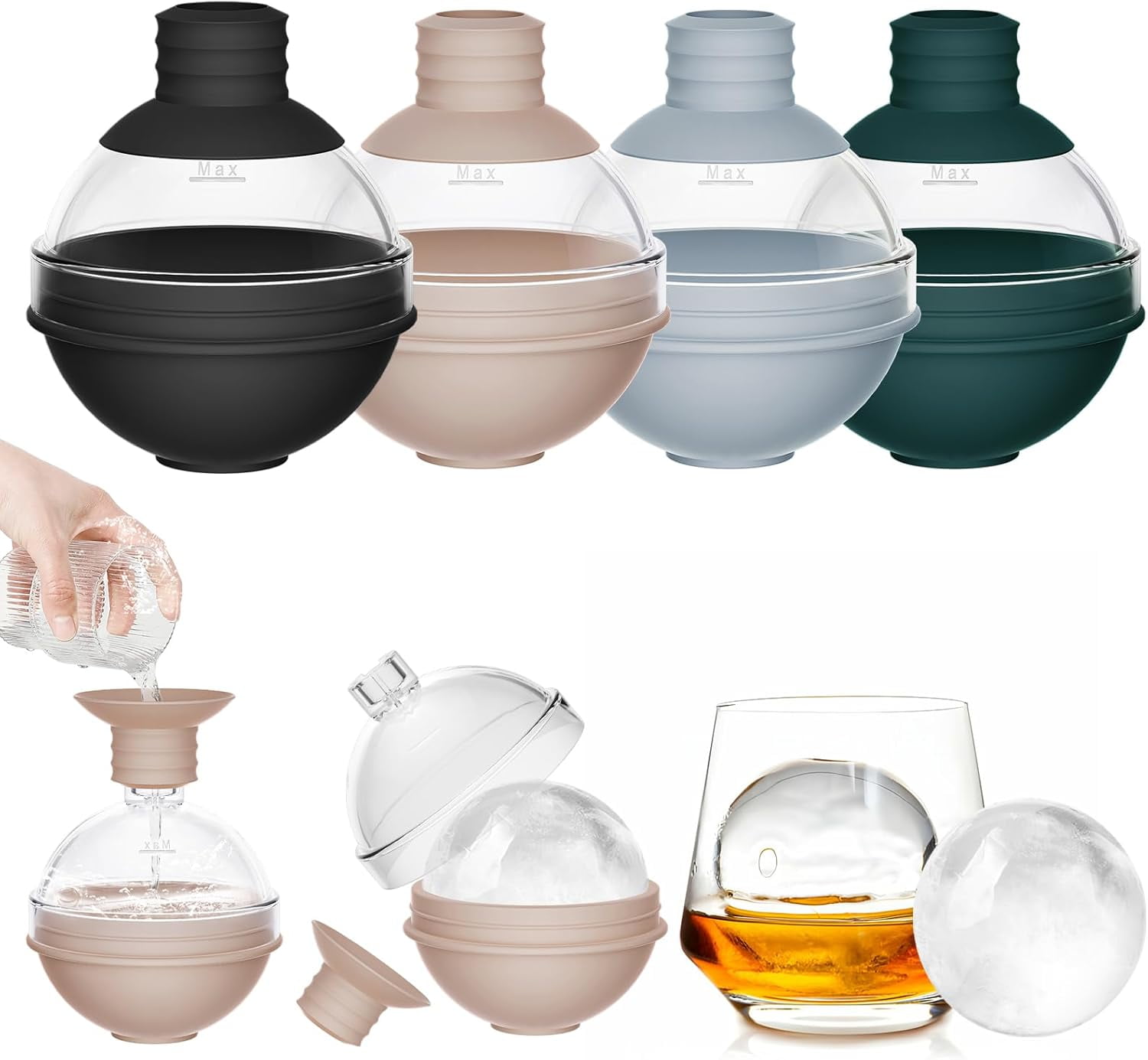 Large Ice Ball Molds for Whiskey & Cocktails with Funnel Lid - Big ...
