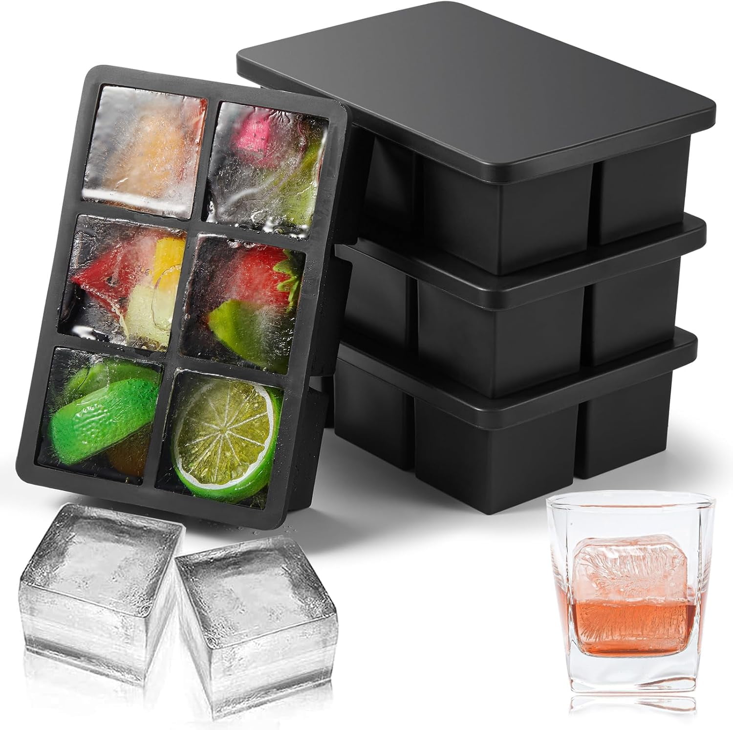 Large Ice Cube Molds Tray with Lid, Stackable Big Silicone Square Ice ...