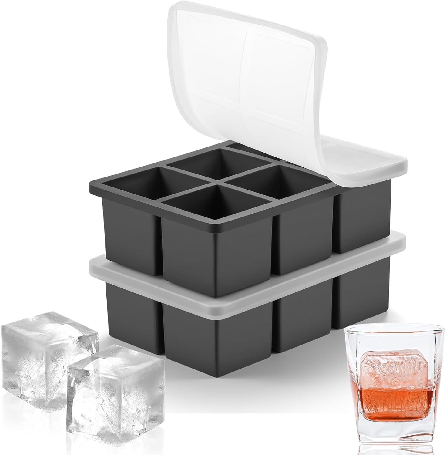 Large Ice Cube Molds Tray with Lid, Stackable Big Silicone Square Ice ...