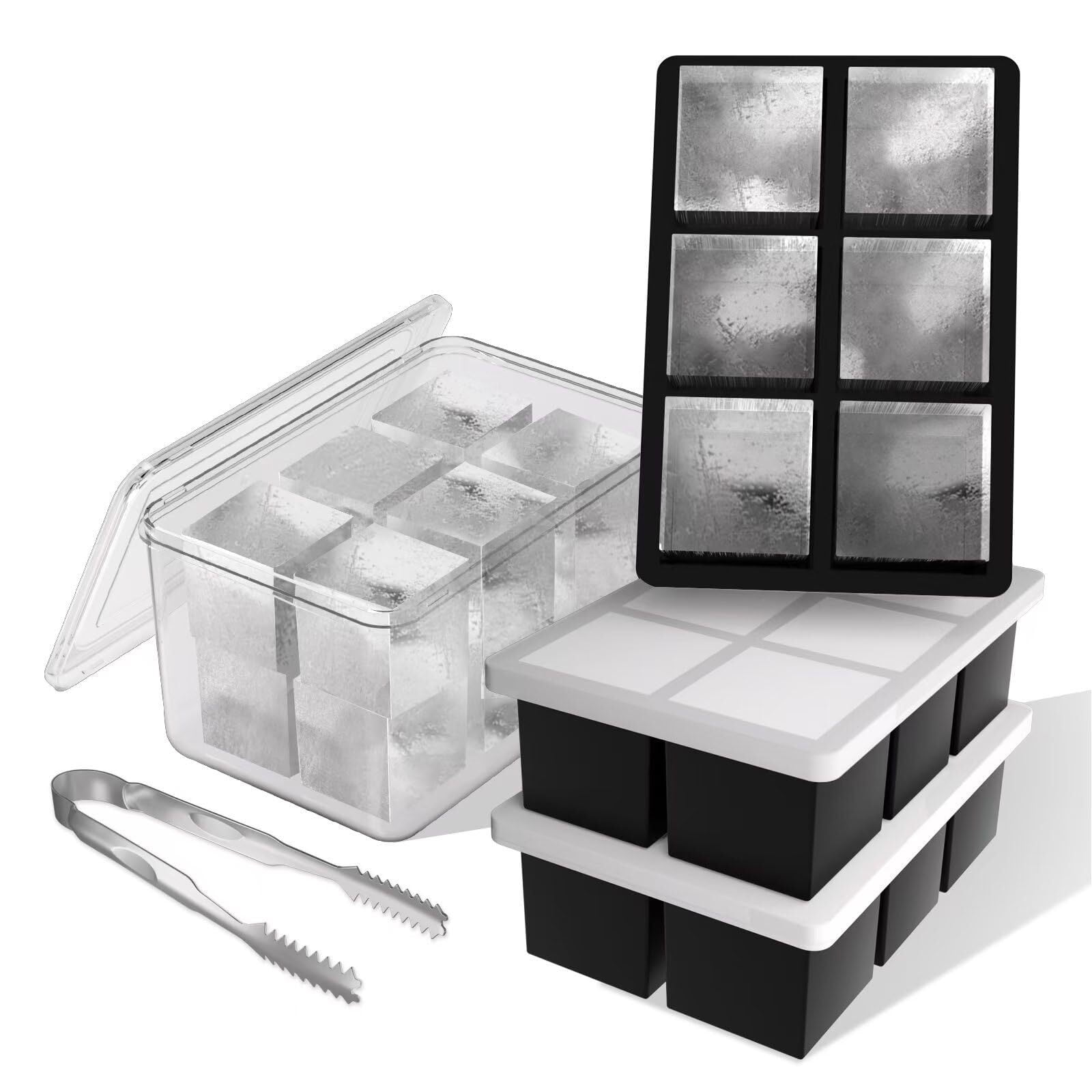 Large Ice Cube Tray with Lid and Bin: 2 Inch Silicone Old Fashioned Ice ...
