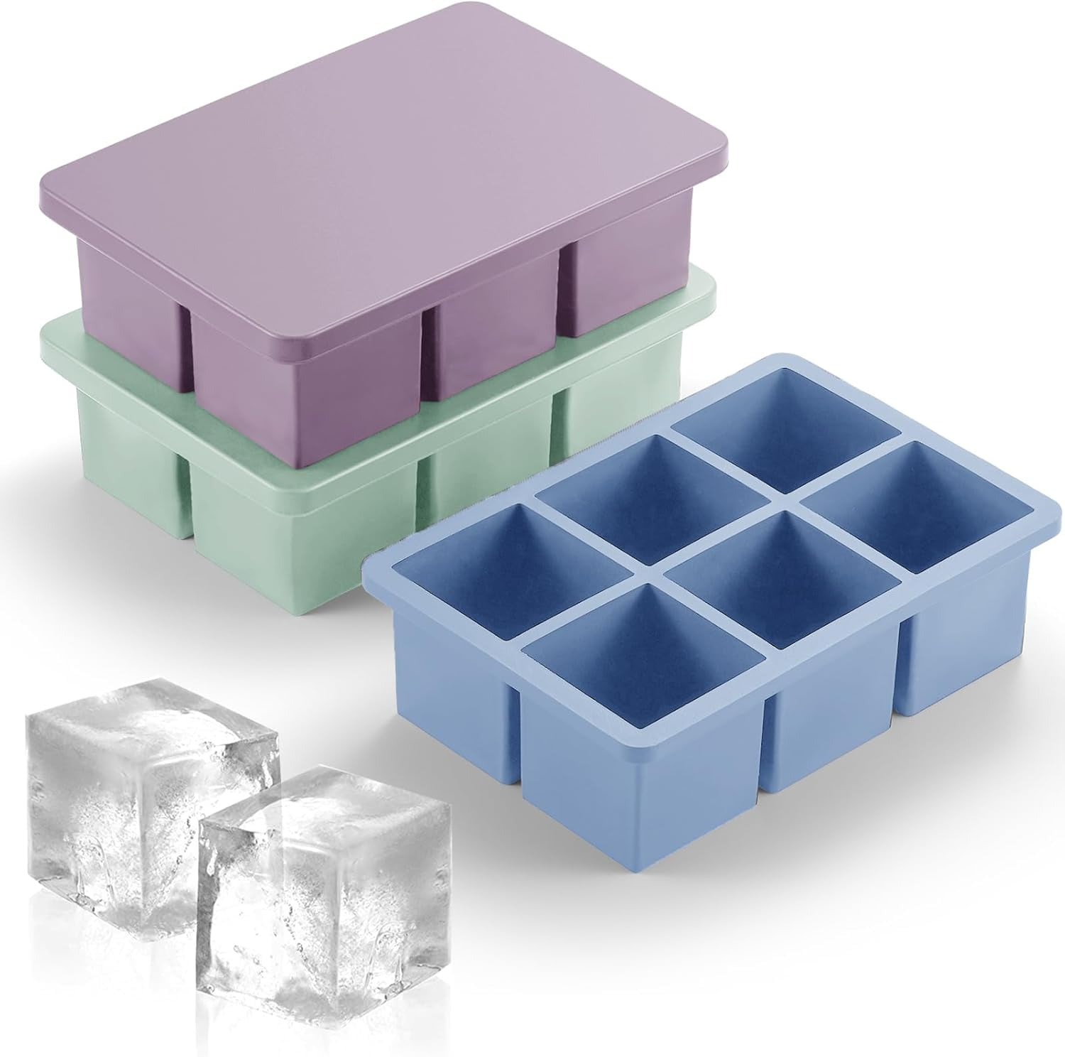Large Ice Cube Tray with Lid Pack of 2, Stackable Big Silicone Square ...