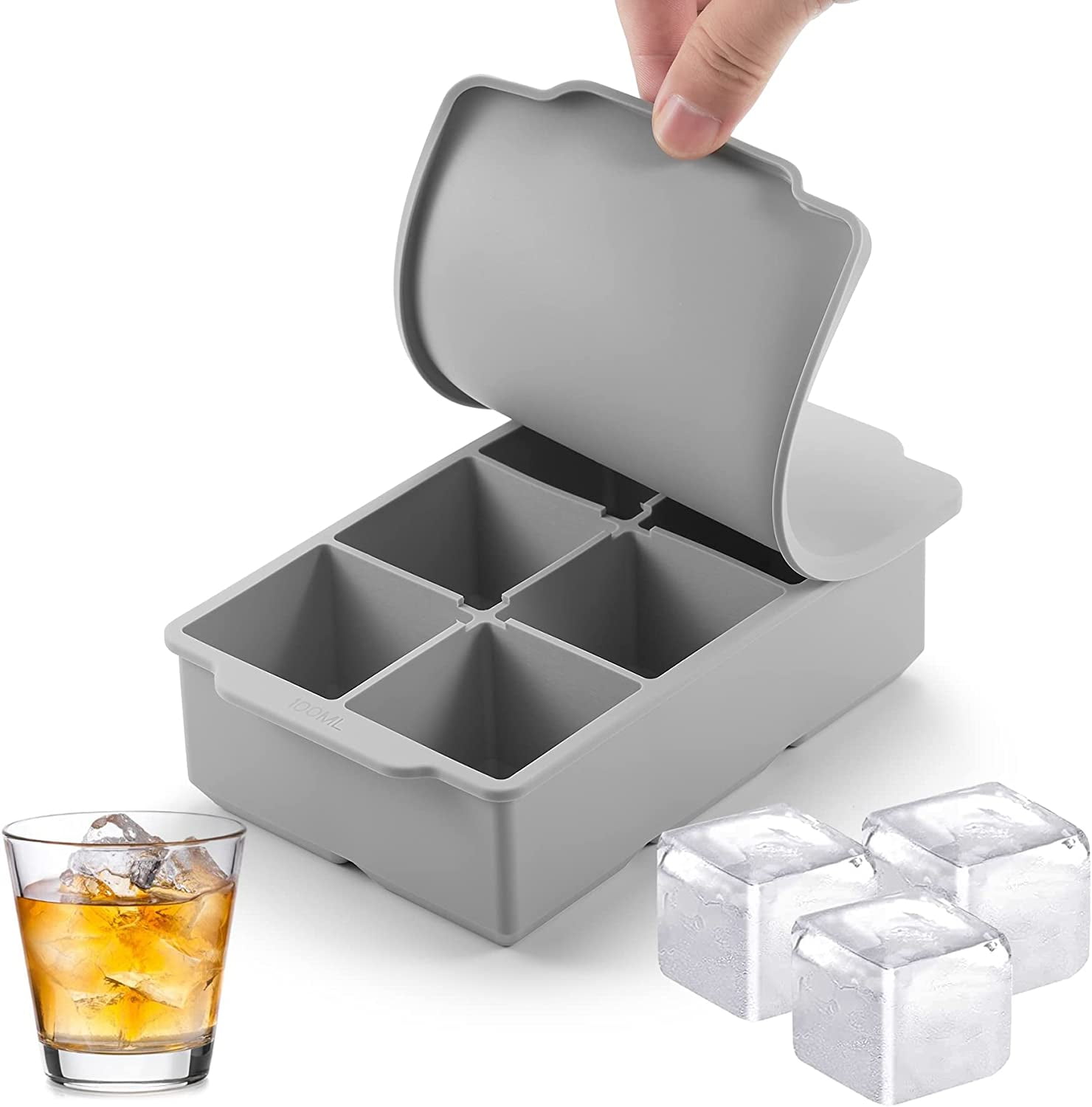 Large Ice Cube Tray with Lid, Stackable Big Silicone Square Ice Cube ...