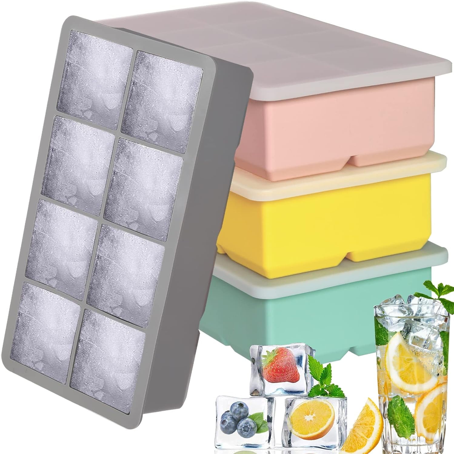 Large Ice Cube Trays for Cocktails, 4 Pack Silicone Big Ice Cube Mold ...